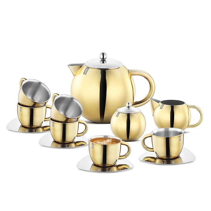 Matrix Stainless Steel Tea Set with Double Wall Cup, Saucers & Tea Pot ...