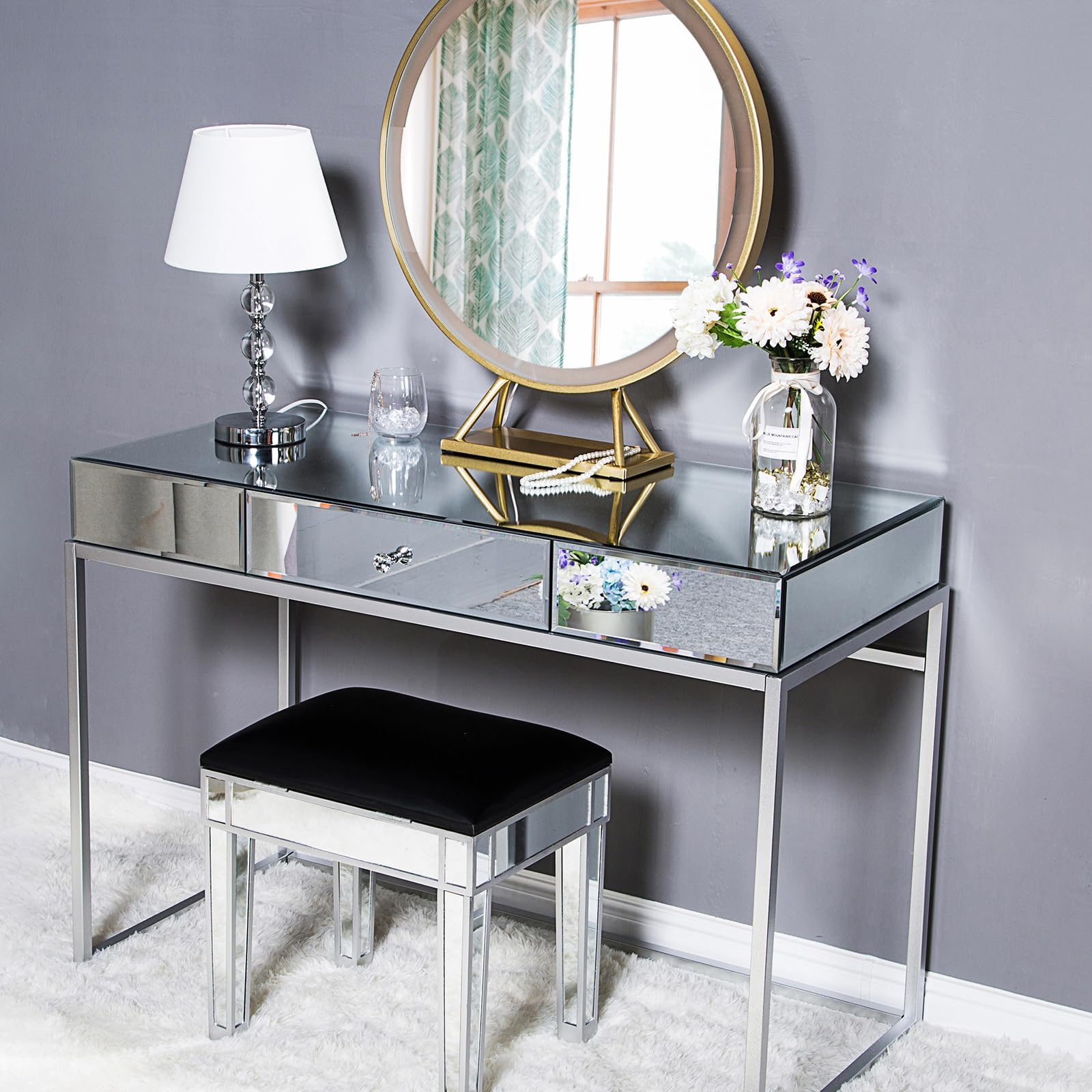 Amazon.com: Modern Mirrored Glass Vanity Table Office Study Table for ...