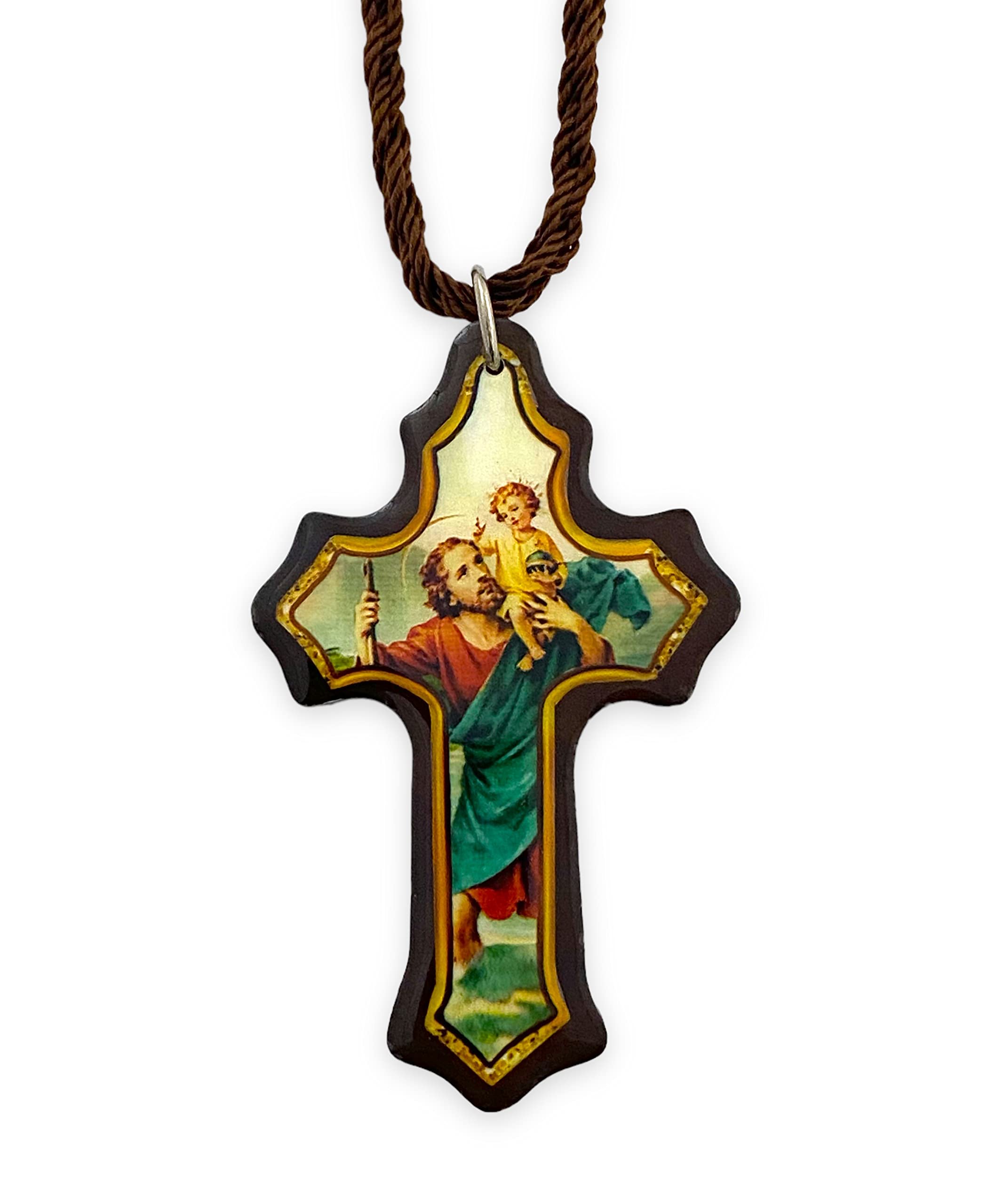 St Christopher Brown Wood Scapular Necklace Cross Pendant Corded San ...