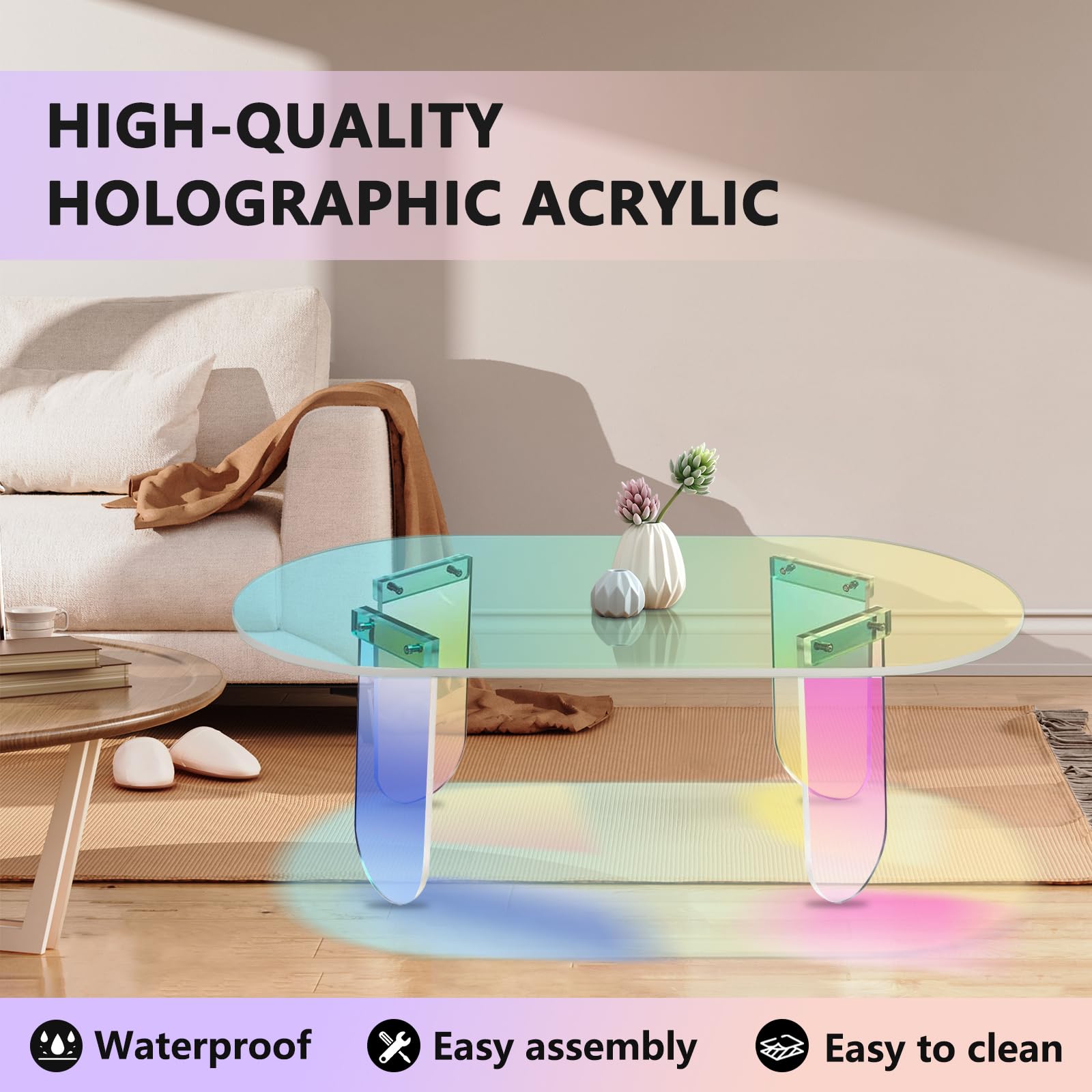 Acrylic Coffee Table Iridescent Modern Unique Side Table Round End Table Colorful Low Coffee ...