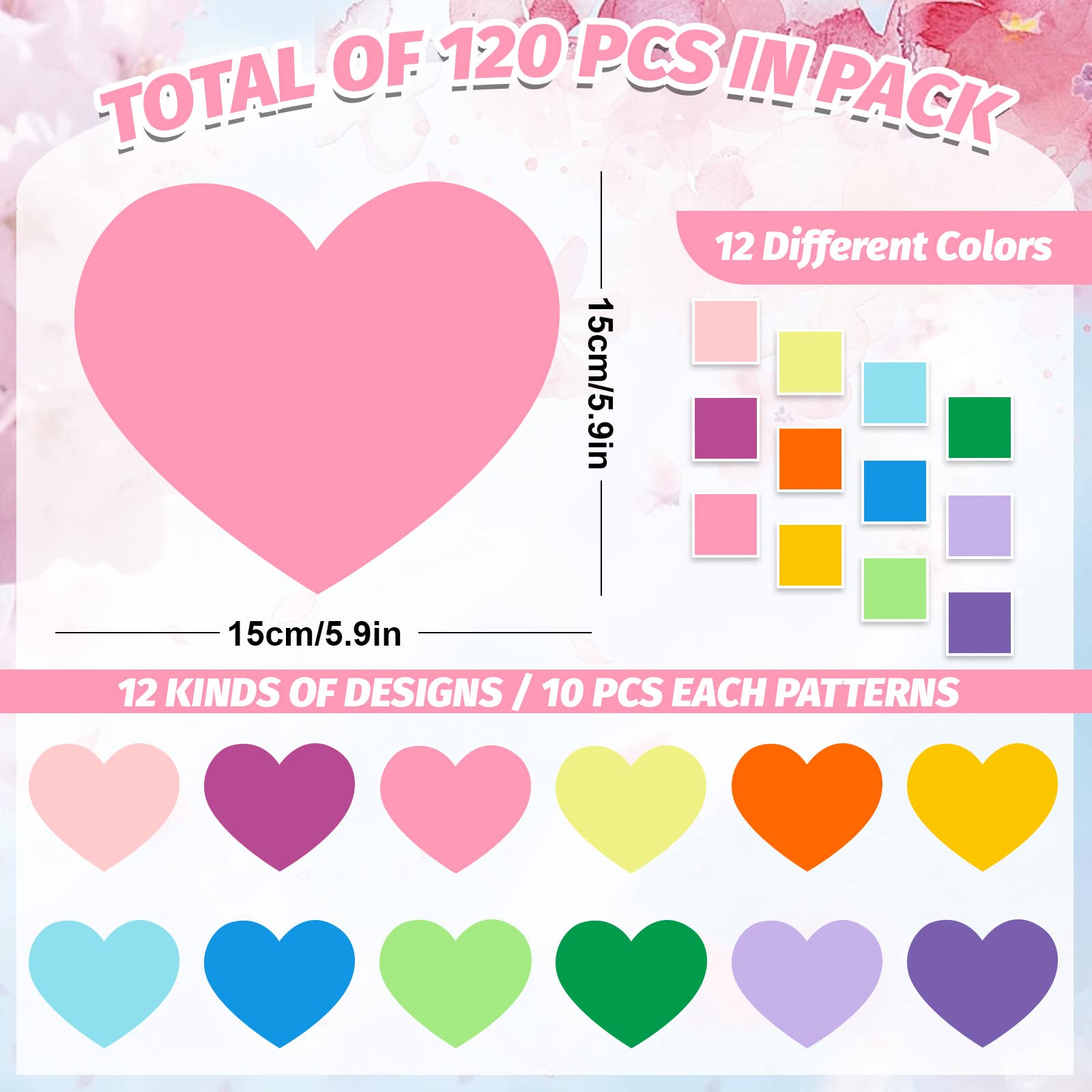 Snapklik.com : 120Pcs Heart Cutouts 12 Colors 5.9 Inch Valentine Heart ...