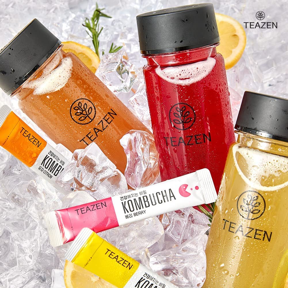 TEAZEN Hot Kombucha – Paquete variado de sabor a jengibre y limón con botella ecológica clásica ...