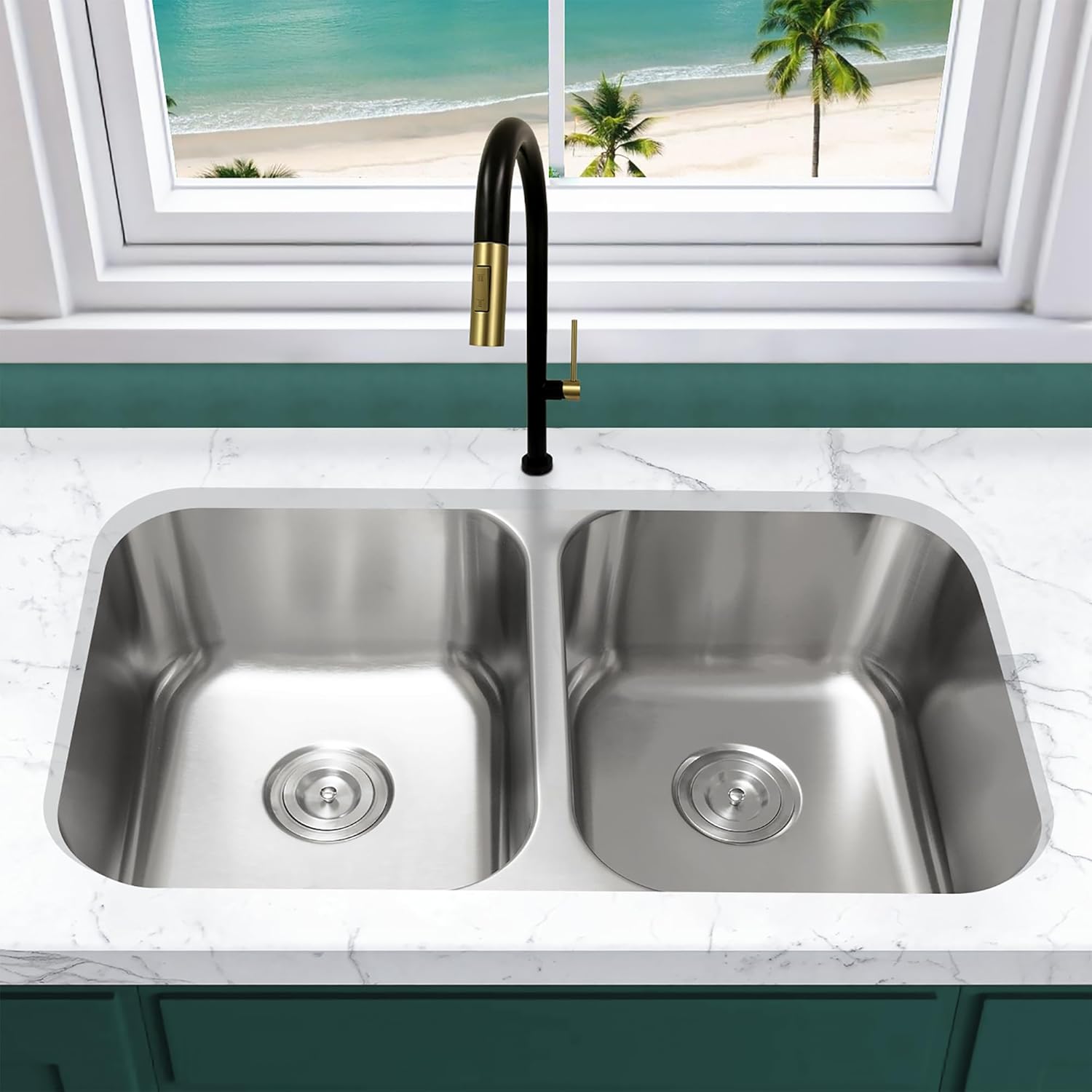 KABCO 32 Inch Stainless Steel Double Equal Bowl Classic Kitchen Sink ...