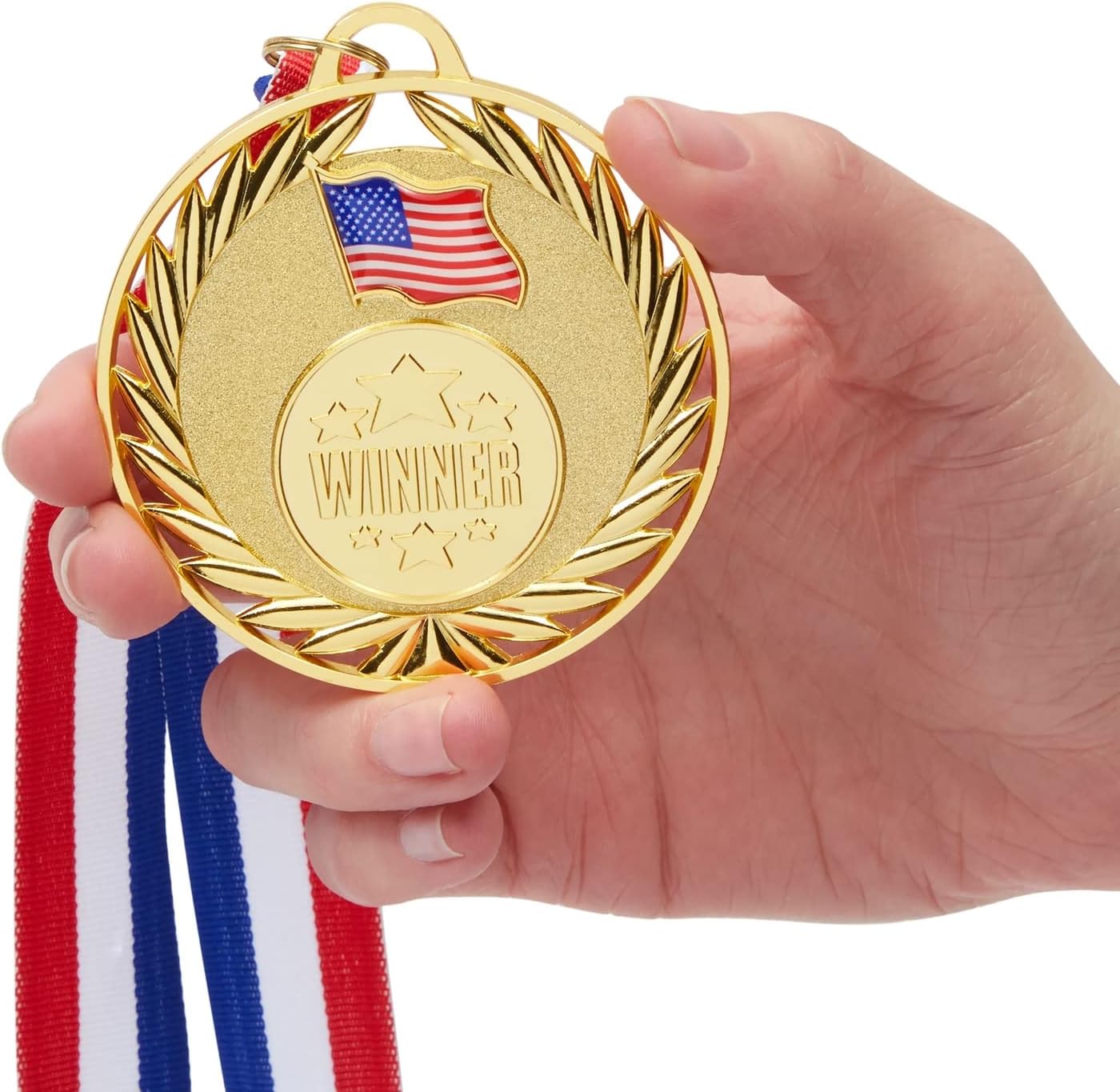 Juvale 12-Pack Gold Winner Medals with American Flag, 15.5-Inch Ribbon ...