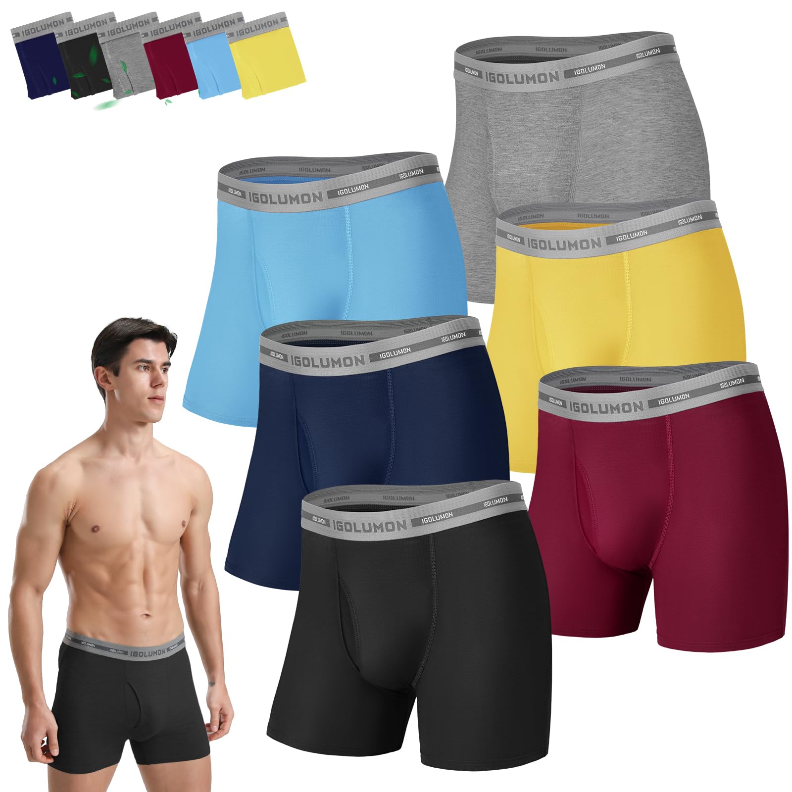 IGOLUMON Mens Underwear, 6 Pack Men's Boxer Briefs Soft Bamboo Rayon ...