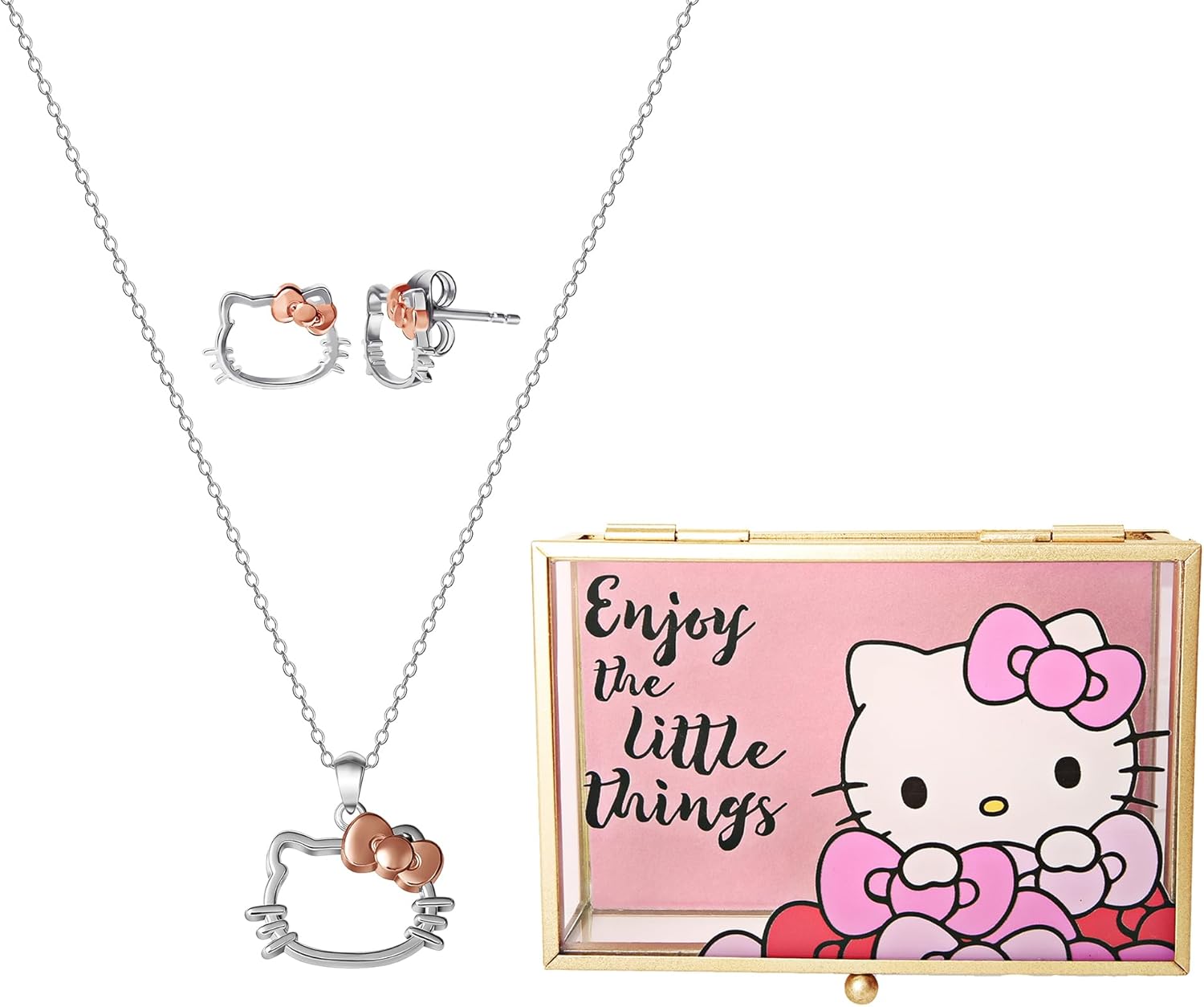 Hello Kitty Sanrio Jewelry Set 3-Piece - Glass Jewelry Box and Sterling ...