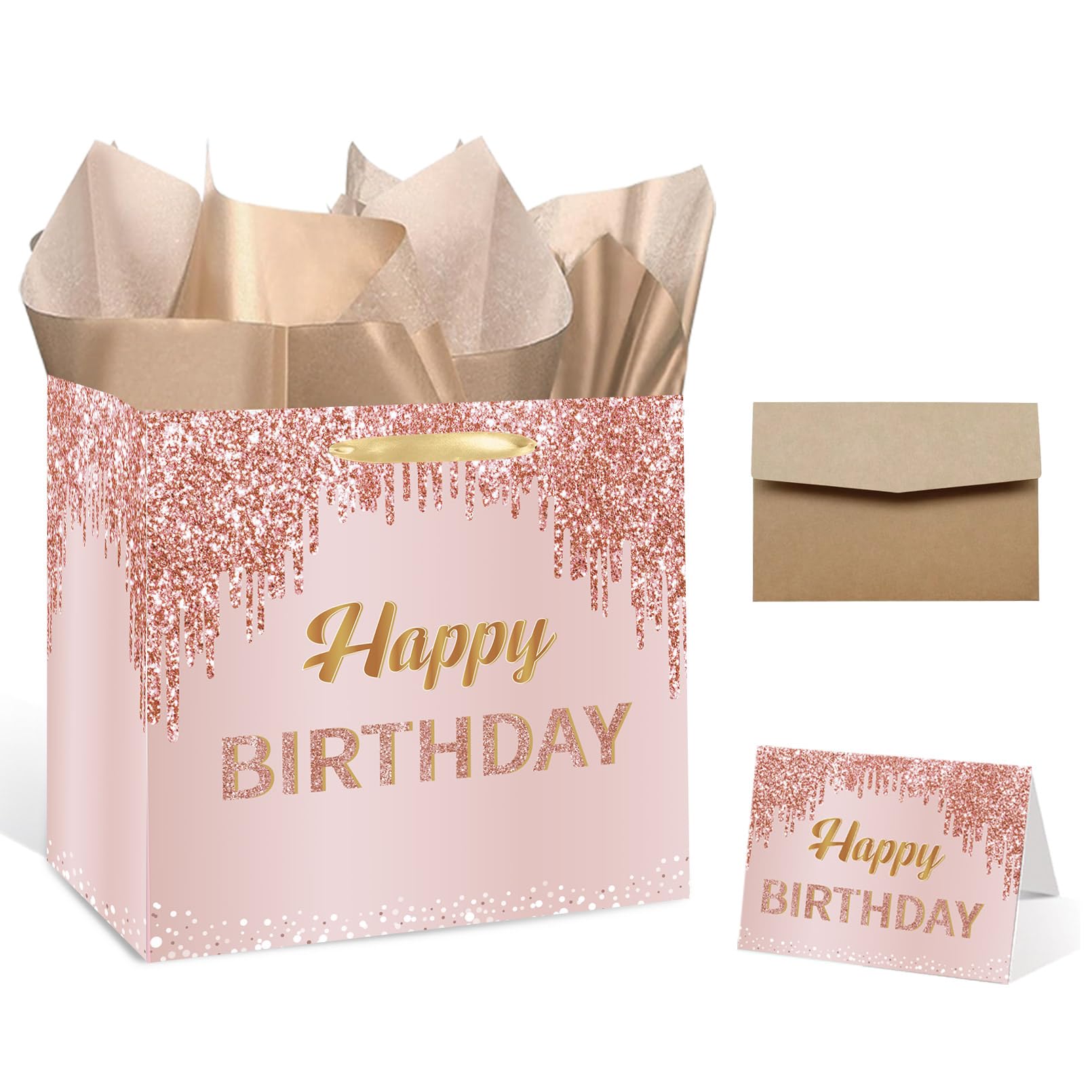 Amazon.com: GOLDCROW Small Birthday Gift Bag 7" Medium Square Pink Rose Gold Happy Birthday ...