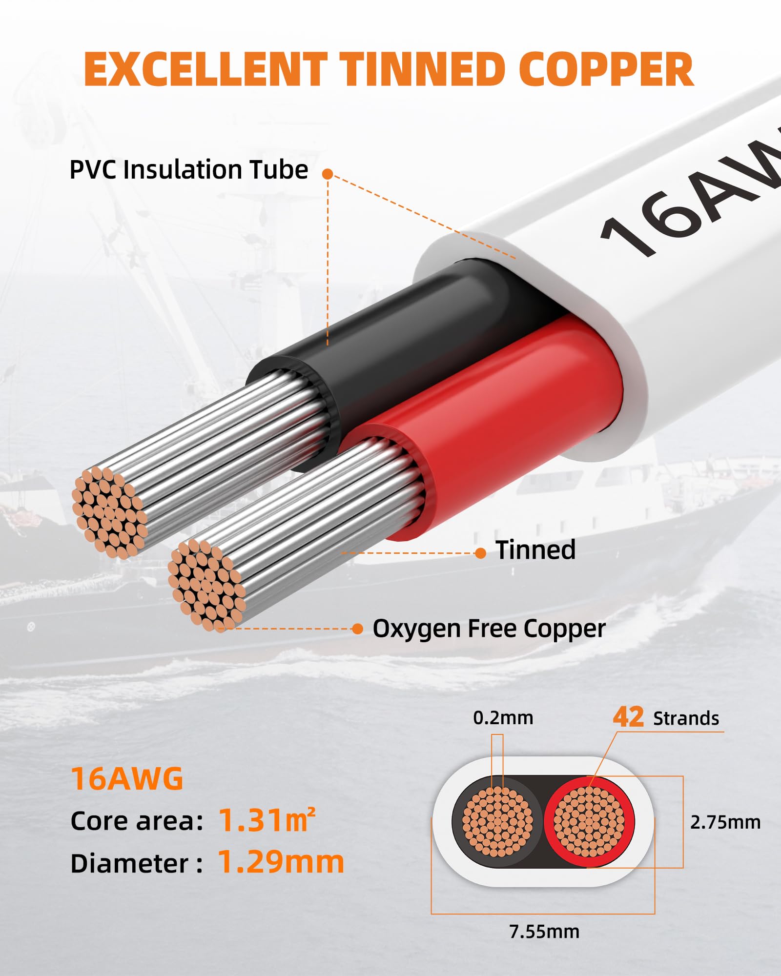 Marine Electrical Wire CONEPY 16 Gauge Marine Grade Wire - 30ft 16/2 ...