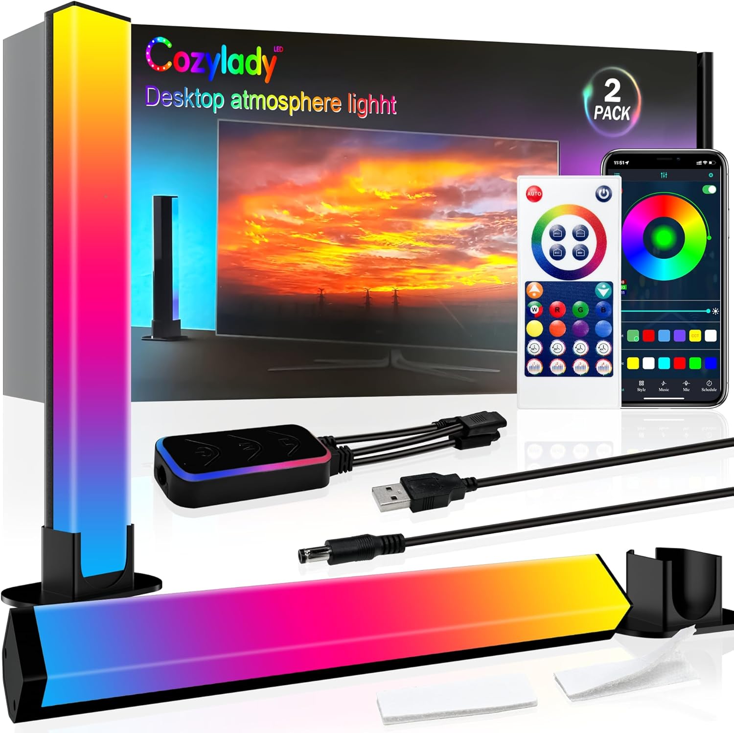 Cozylady LED Light Bars, 11inch RGB TV Backlight, 2Packs Music Sync LED ...