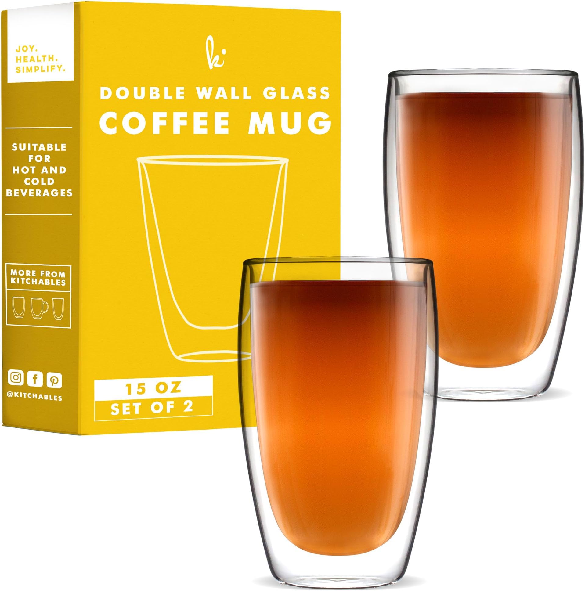Amazon.com: JoyJolt Double Wall Glass Coffee Mugs - 13.5oz Diner Coffee ...