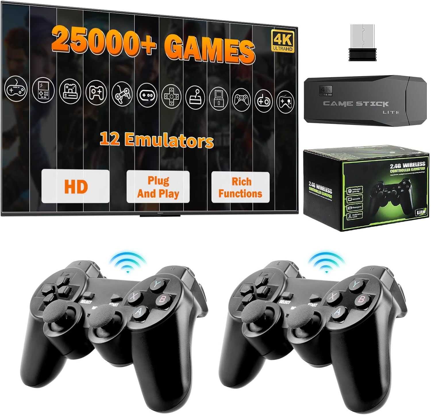64G Wireless Retro Game Stick,Retro Game Console 4K with 25000+ Plug ...
