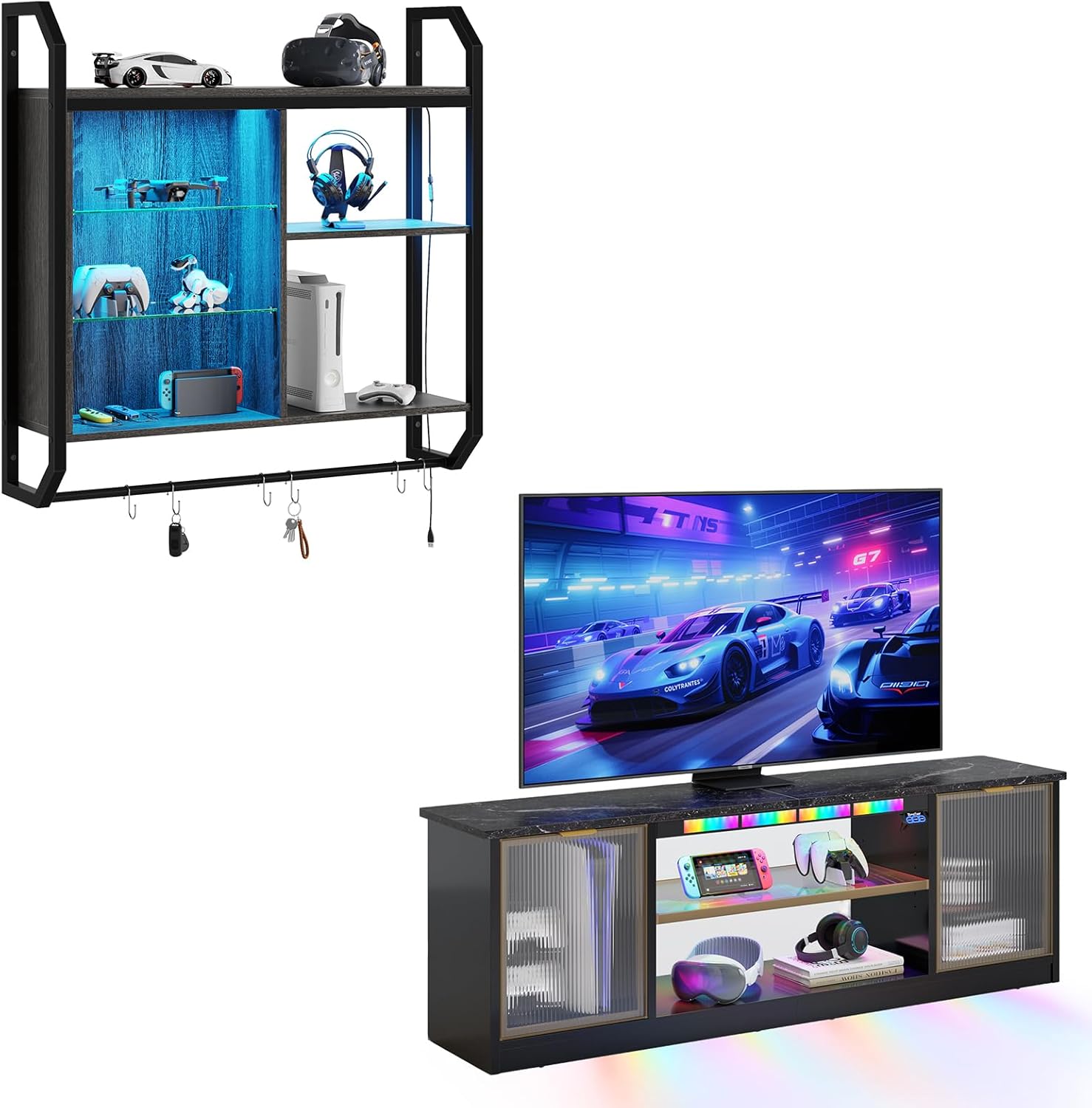 Amazon.com: Bestier 34" LED Gaming Floating Shelves Gaming TV Stand ...