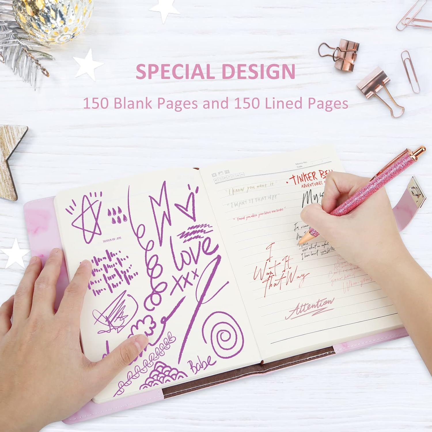 with Lock Gift Set for Girls ages 8-12, Marble PU Leather 300 Pages ...