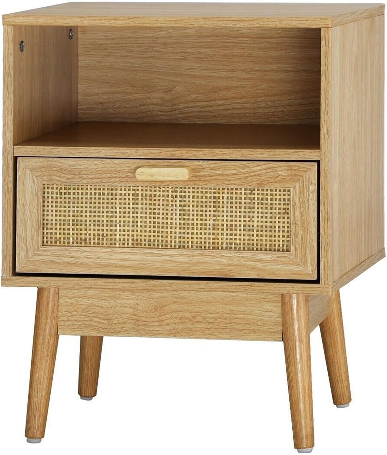 Rattan Bedside Table, Nightstand w/Ash Wood Veneer, Wicker Bedside ...
