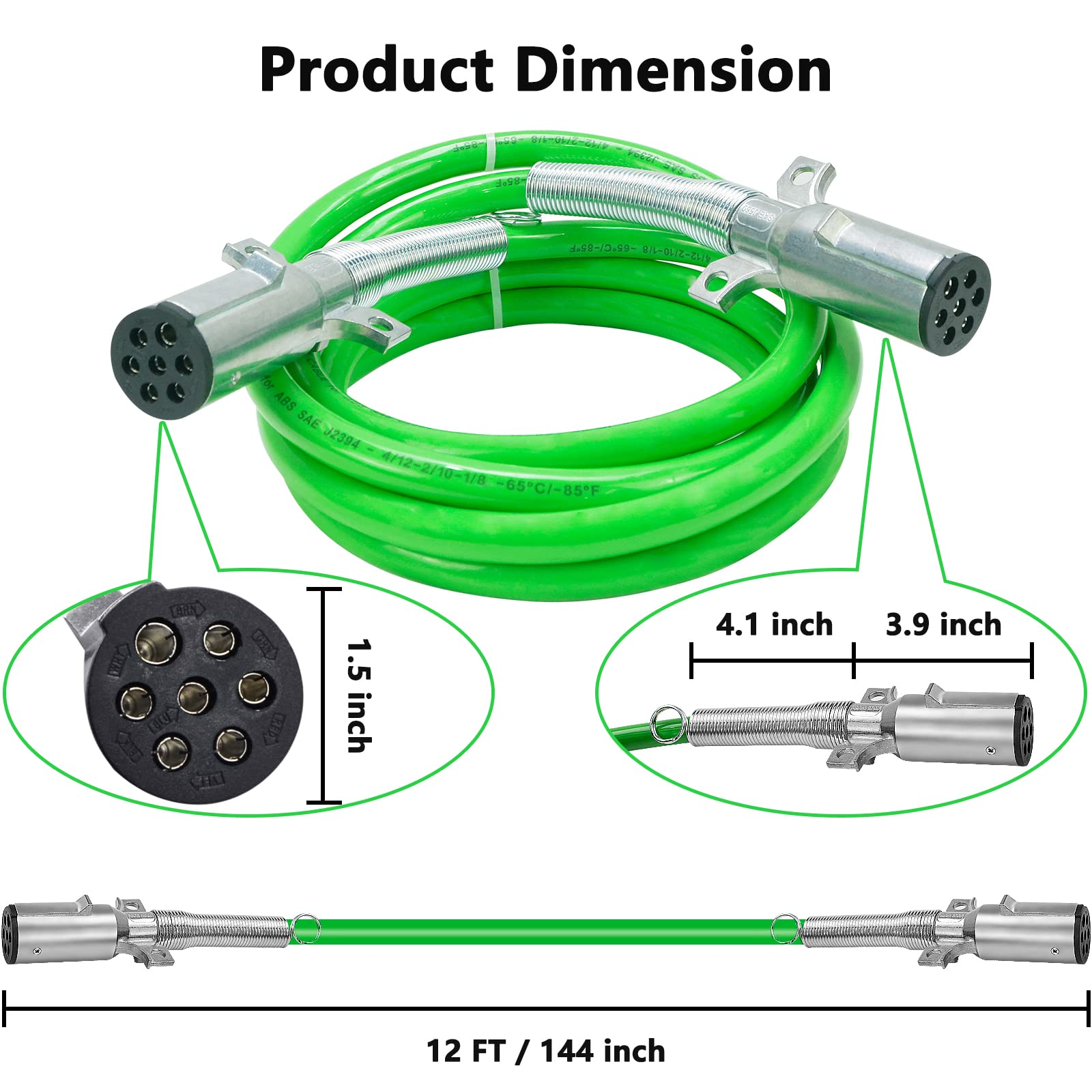 Snapklik.com : 7 Way Trailer Cord Cable 12 Ft Green ABS Straight ...