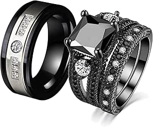 Amazon.com: ringheart Couple Rings Matching Ring Black 1CT CZ White Gold Plated Women Wedding ...
