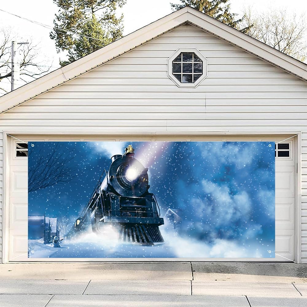 Amazon.com: DOTOOMA 6x13Ft Christmas Snow Night Steam Train Garage Door ...