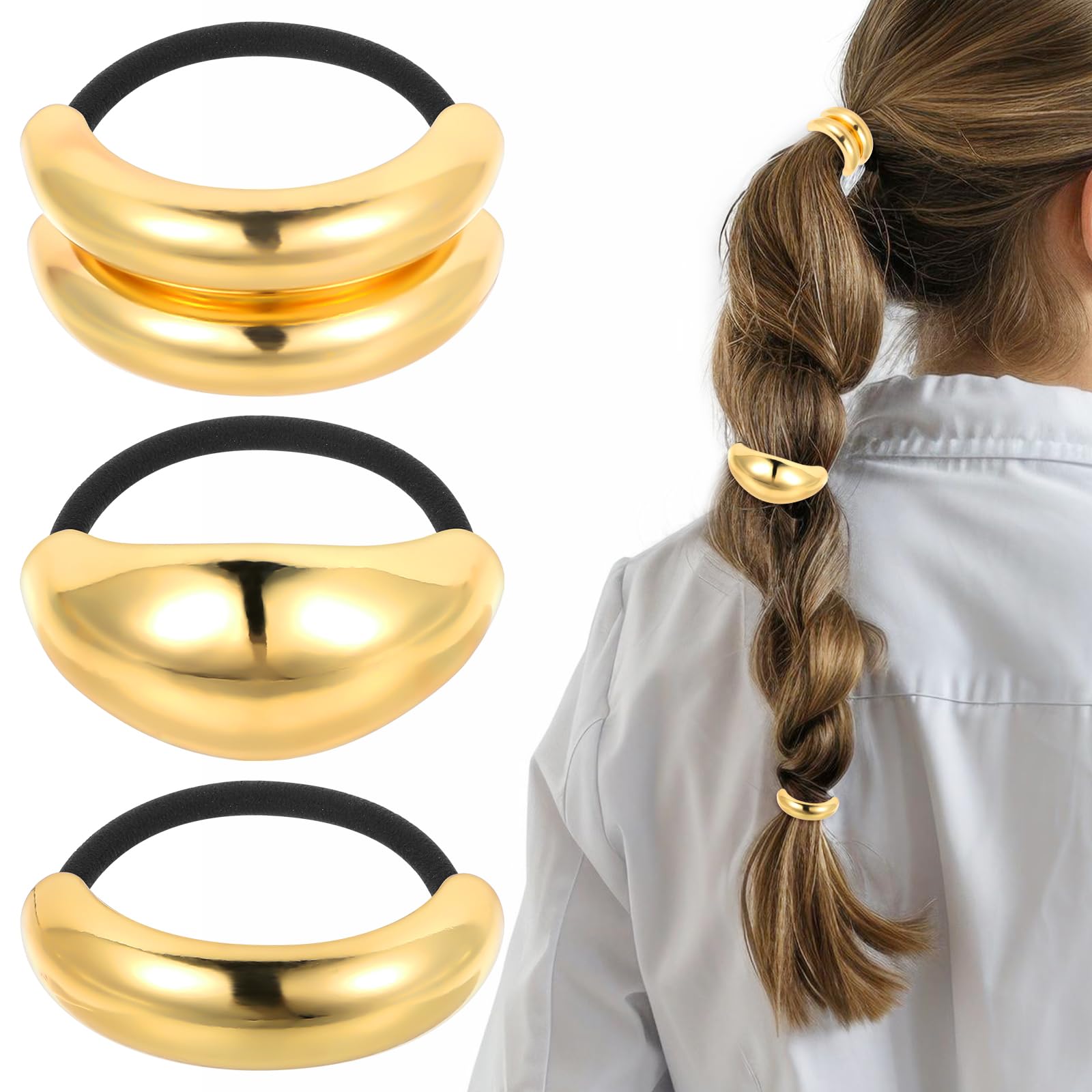 PEOVLVN 3 Pcs Hair Cuffs for Ponytails, Gold Hair Ties Fashion Glossy ...