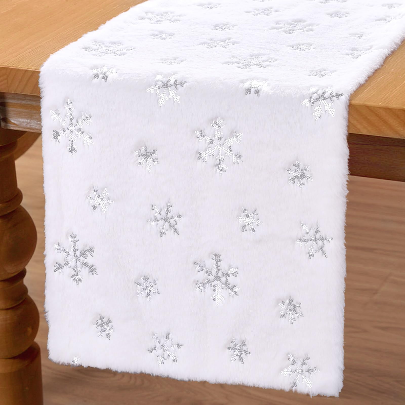 White Silver Table Runner Faux Fur 13 x 72 inch Long Snowflake ...