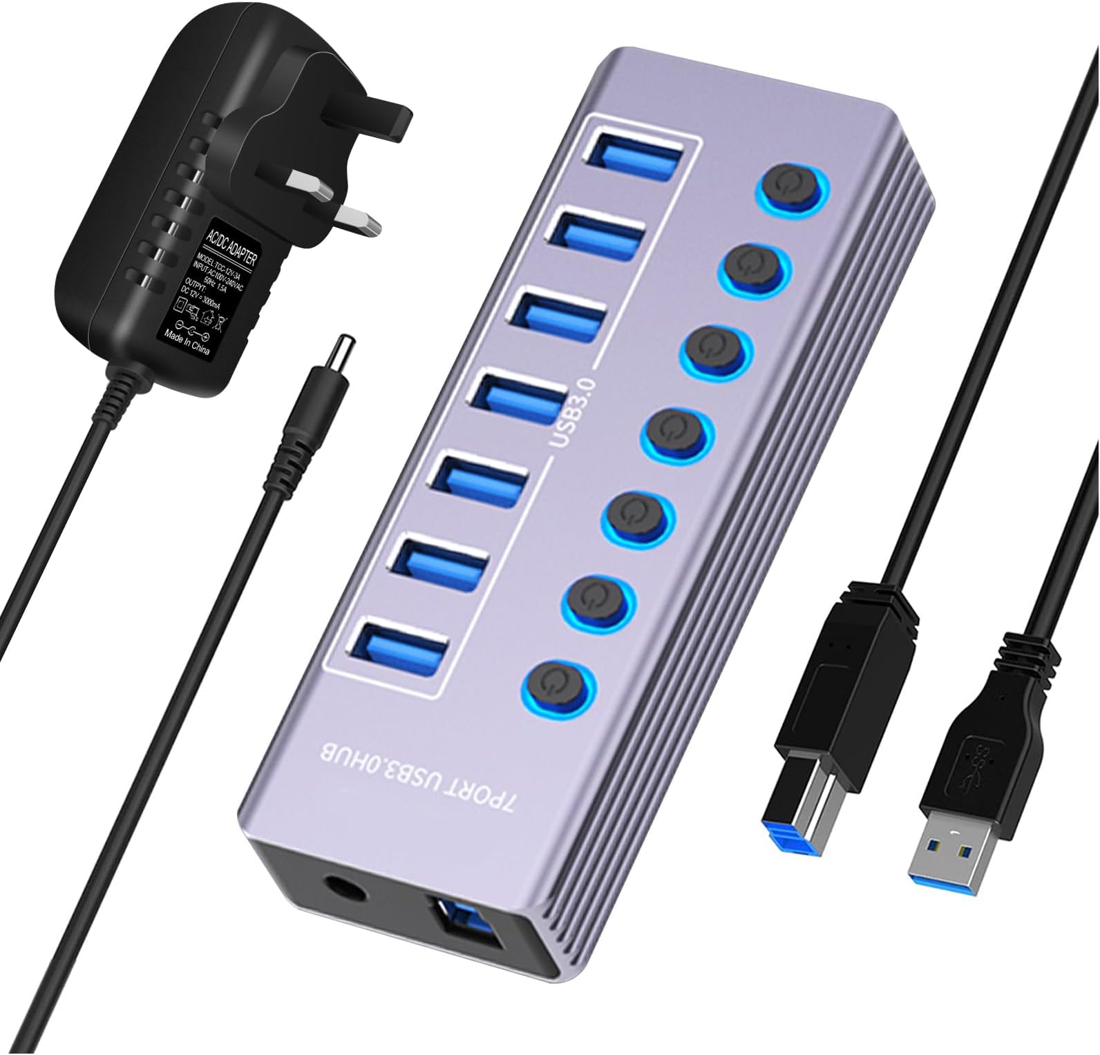 Powered USB Hub, 7 Ports Aluminum 12V SuperSpeed Multi USB 3.0 Hub 5G ...