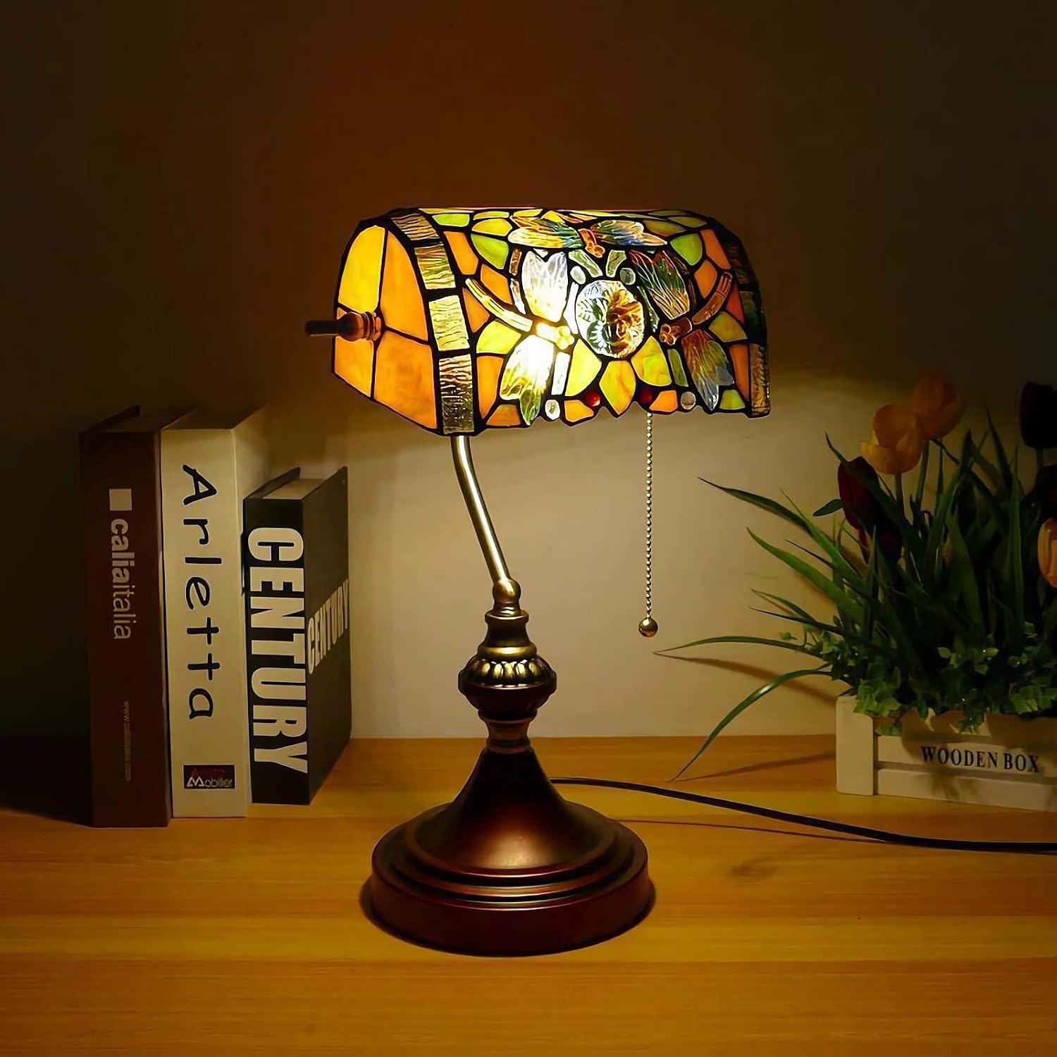 Woeunse Tiffany Style Bankers Table Lamp Vintage Stained Glass Desk ...