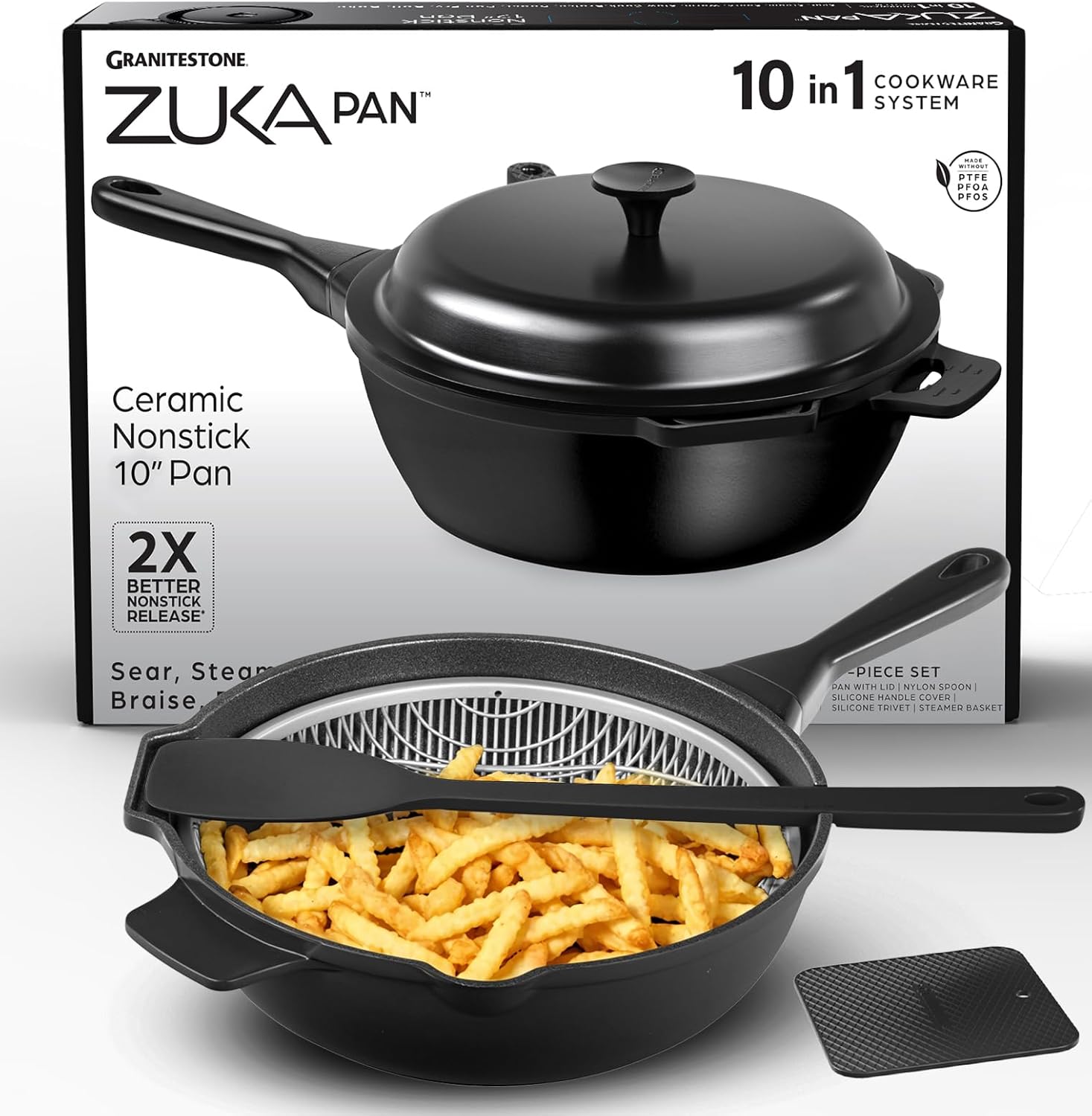 Amazon.com: ZUKA 10 in 1 Ceramic Pan by Granitestone, Large 10 Inch ...