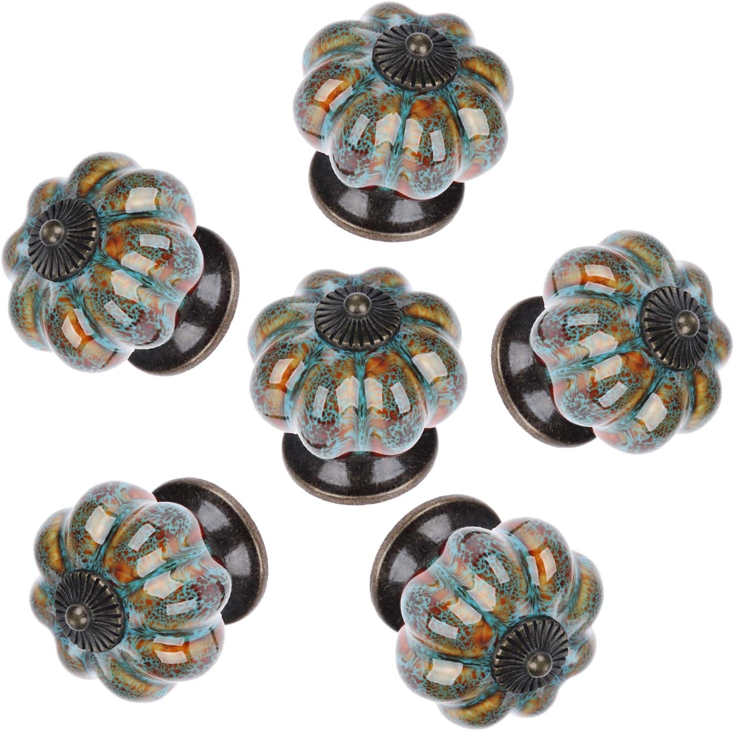 Aigeou 6Pcs Blue Vintage Pumpkin Knobs Ceramic Drawer Pull Handles with ...