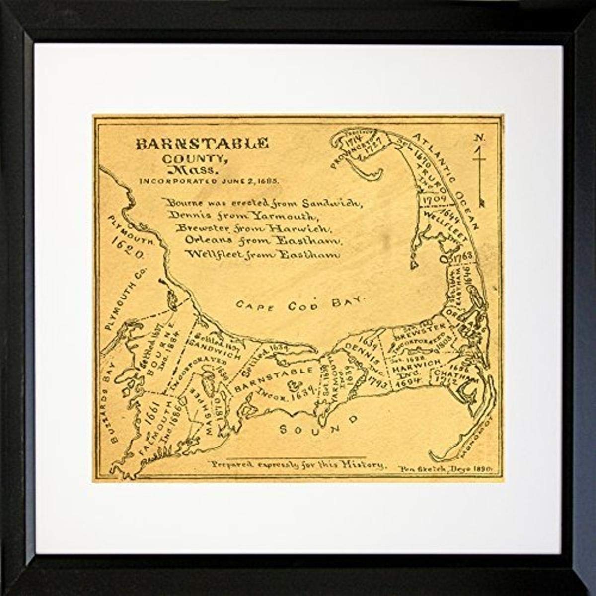 Buyartforless Framed Vintage Barnstable County Map 18x18 Matted Art ...