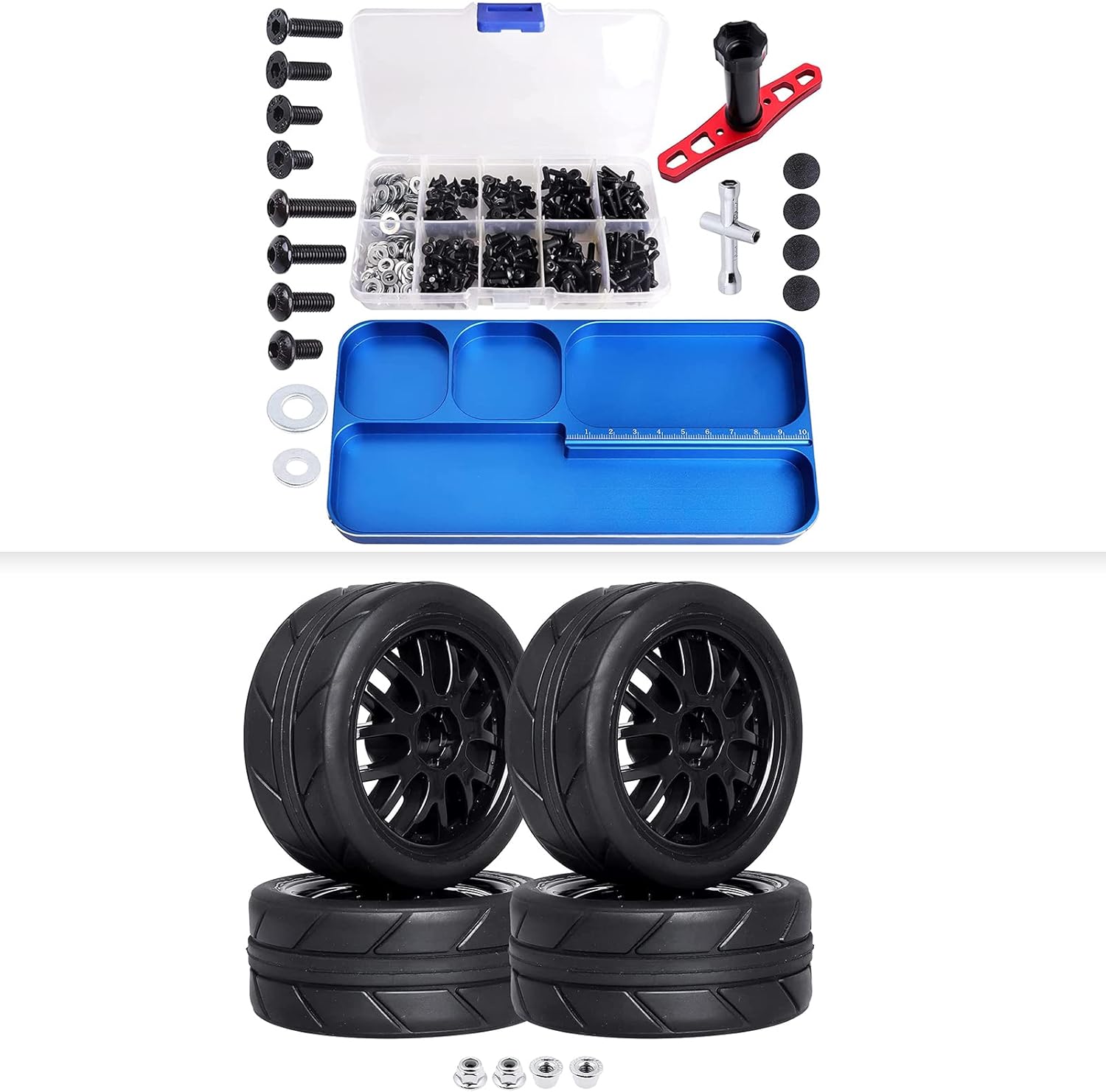 Amazon.com: Pre-Glued 1/10 RC On Road Tires & 12mm Hex Wheels Set & RC ...