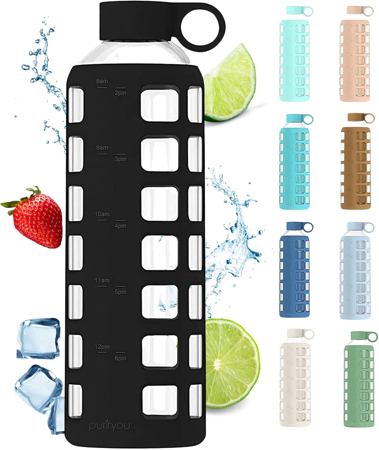 Amazon.com: purifyou 40/32 / 22/12 oz Glass Water Bottles with Volume ...