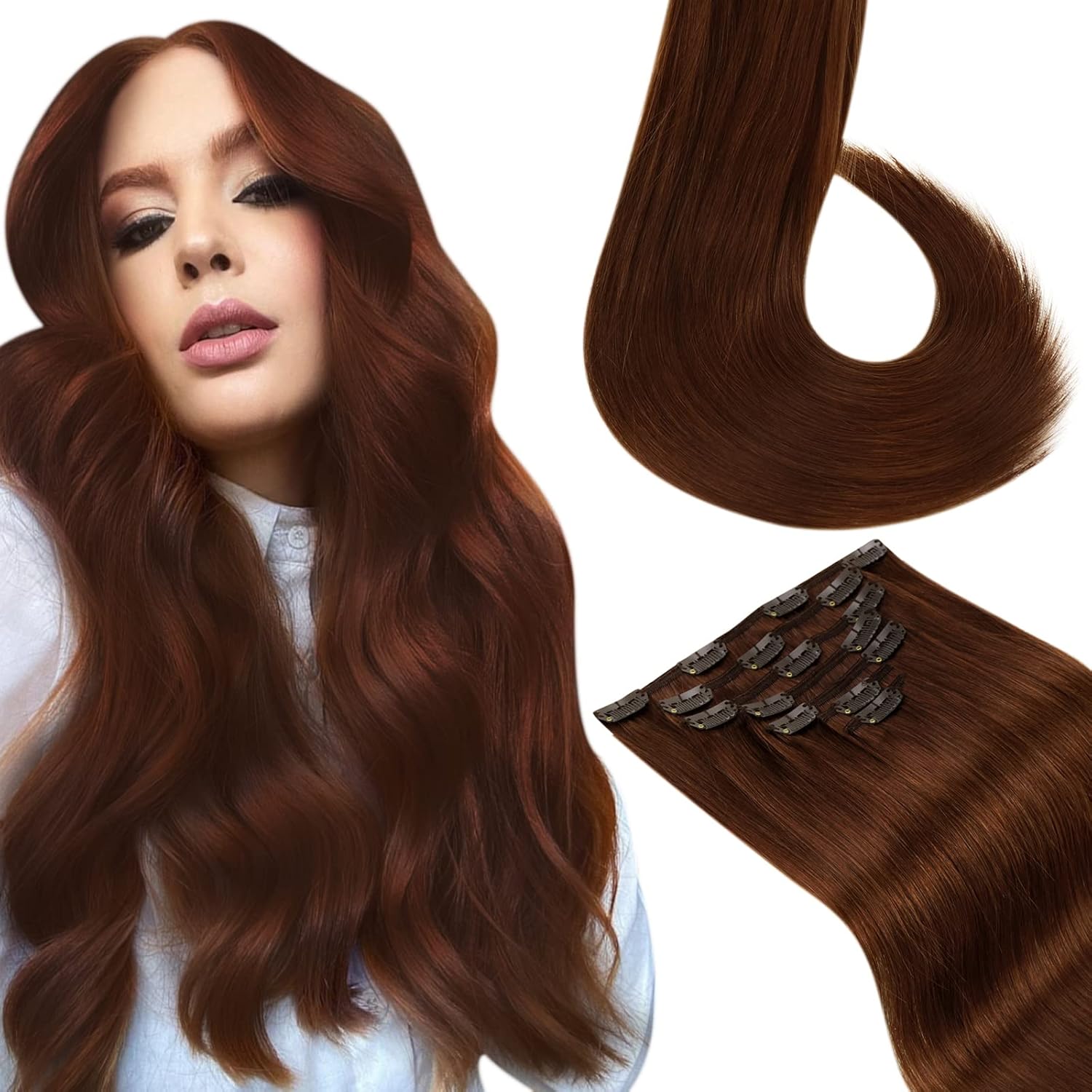Amazon.com : LAAVOO Hair Extensions Clip in Human Hair 16inch Auburn ...