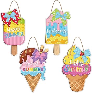 Amazon.com: 4 Pieces Ice Cream Door Sign Bulk Funny Hello Summer ...