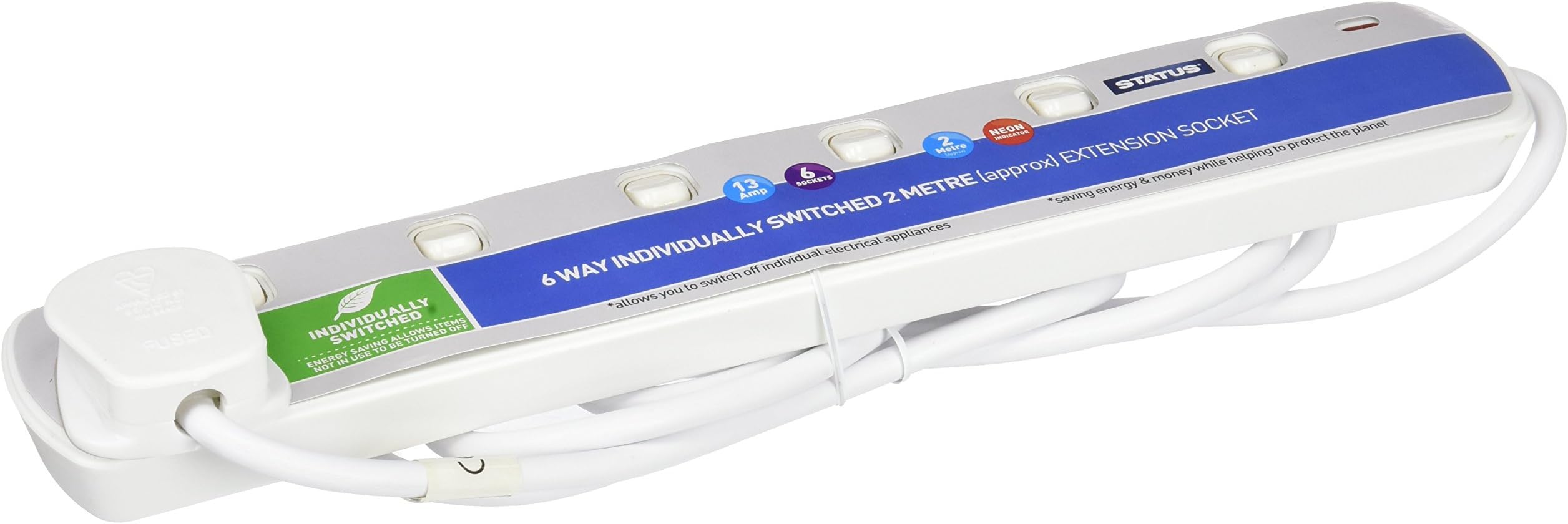 STATUS Multi Plug Extension | 6 Socket Extension Cable | 2m Extension ...