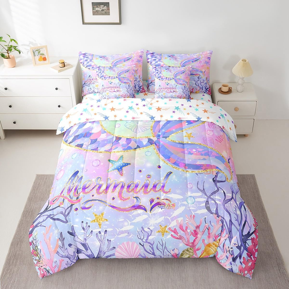Amazon.com: Feelyou Kids Girls Mermaid 7 Pieces Bedding Set Purple ...