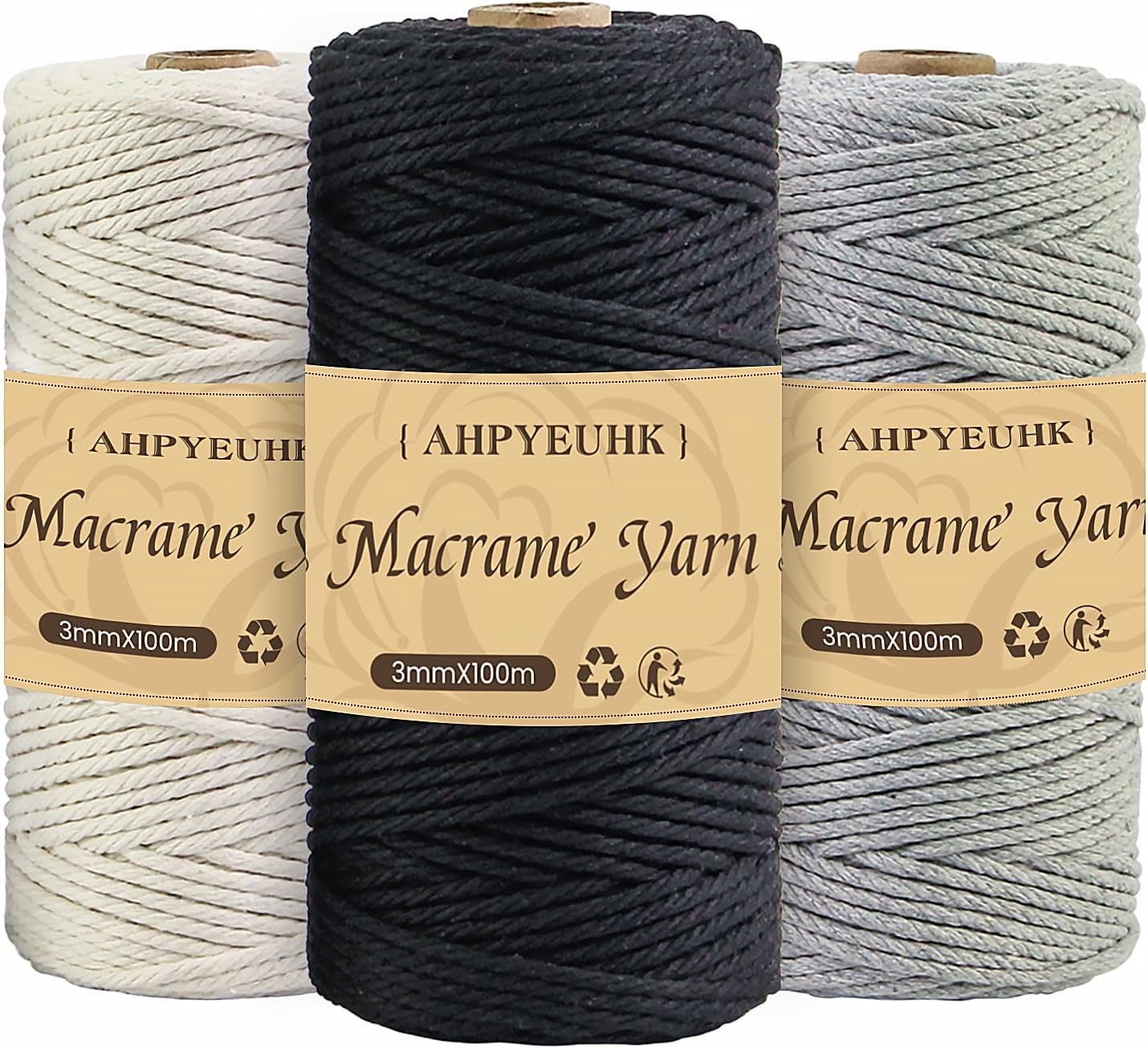 3mm x 100m Macrame Cord 3 Rolls Cotton Rope Craft Cord Natural Macrame ...