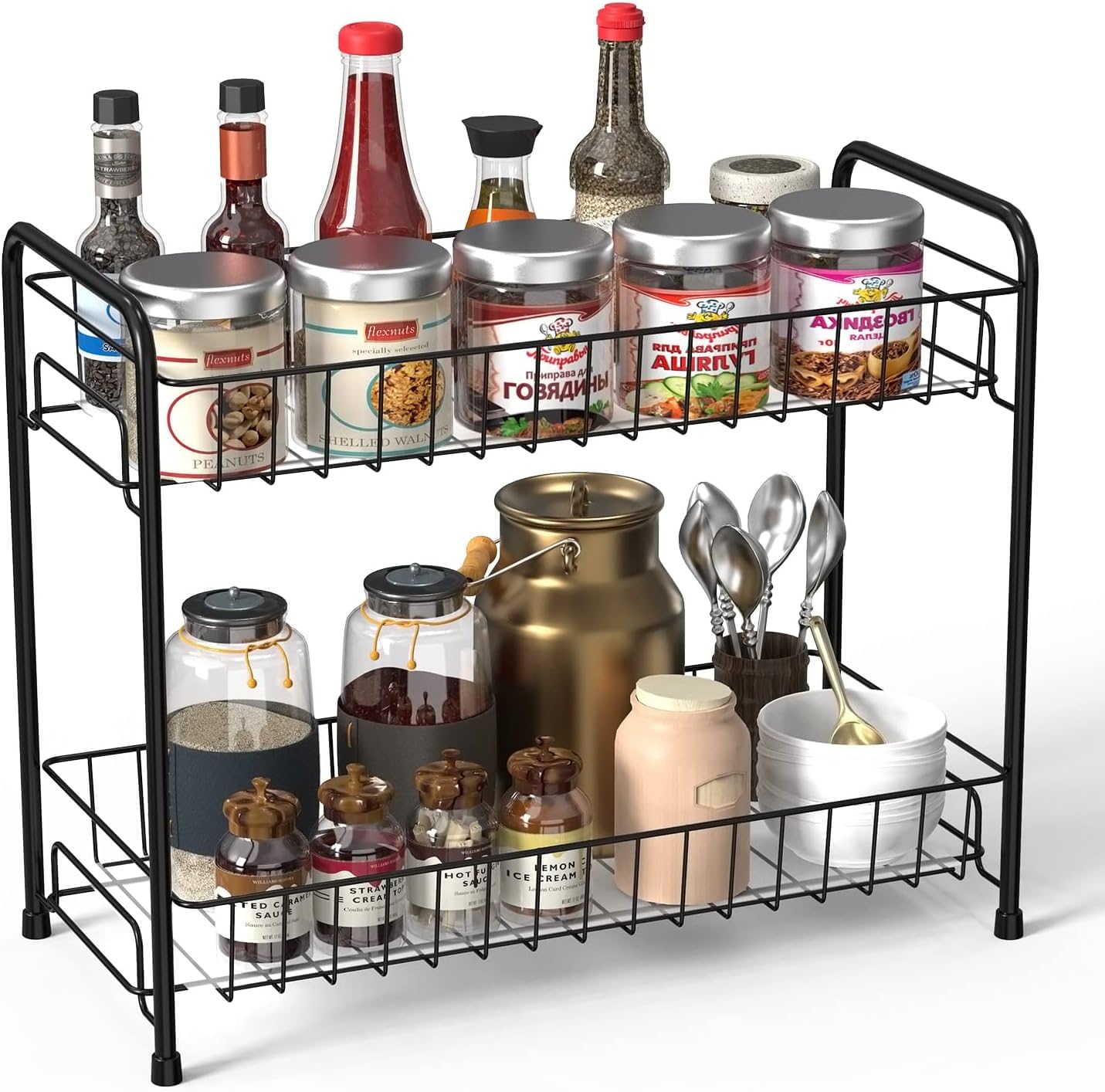 Kitchen Spice Rack 2-Tier Foldable Standing Large Seasoning Storage ...