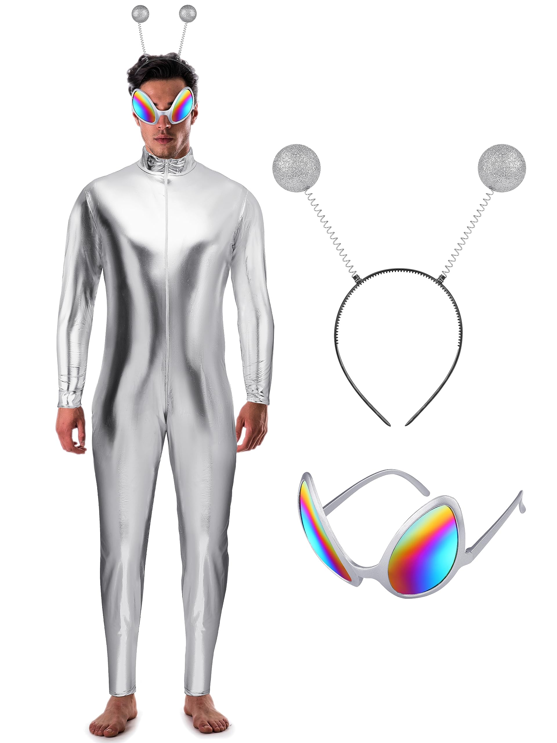 SOMSOC Men Alien Metallic Bodysuit Full Body Halloween Costume Mock ...