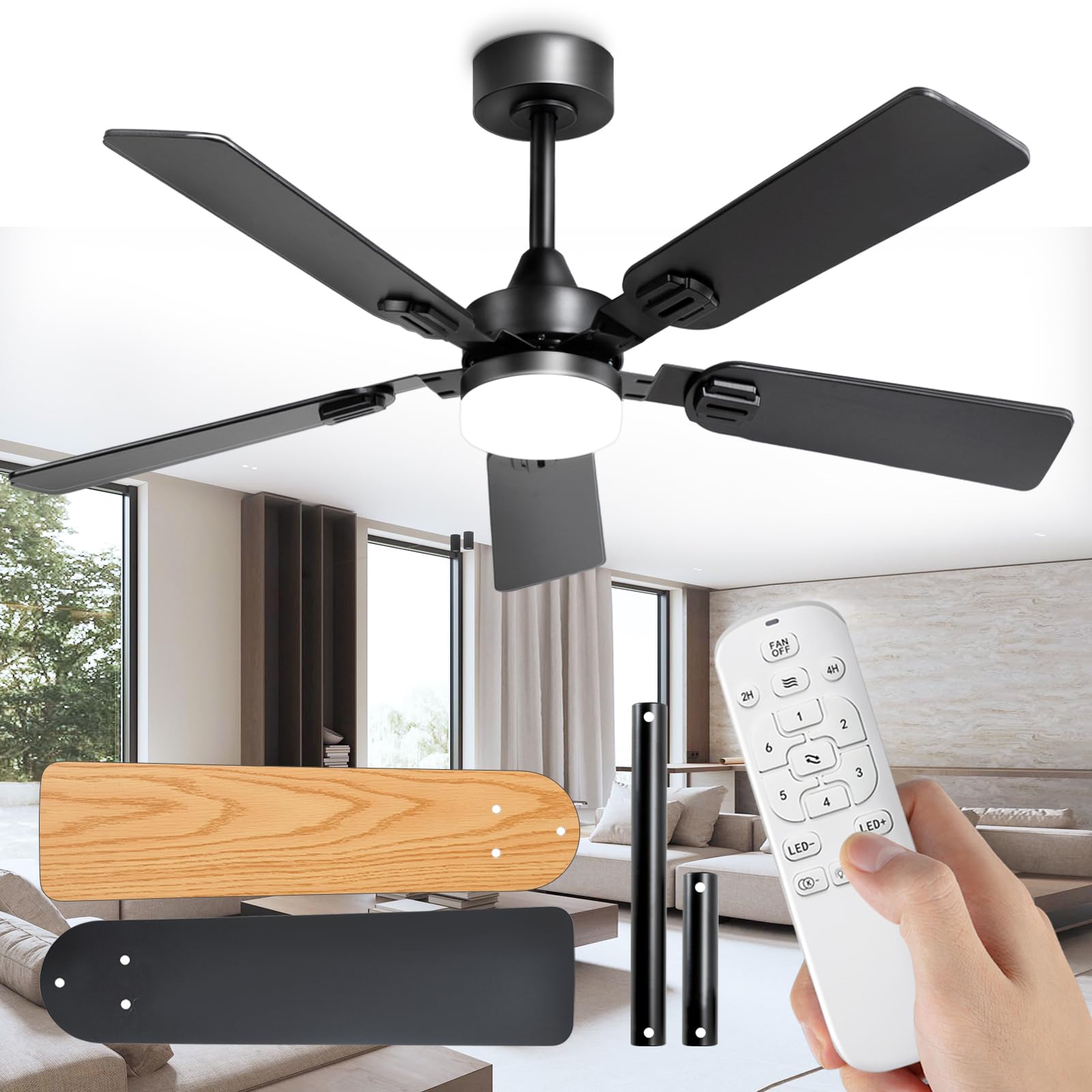 Black 52 Inch Ceiling Fans with Lights,Modern Double-Sided Fan Blade ...