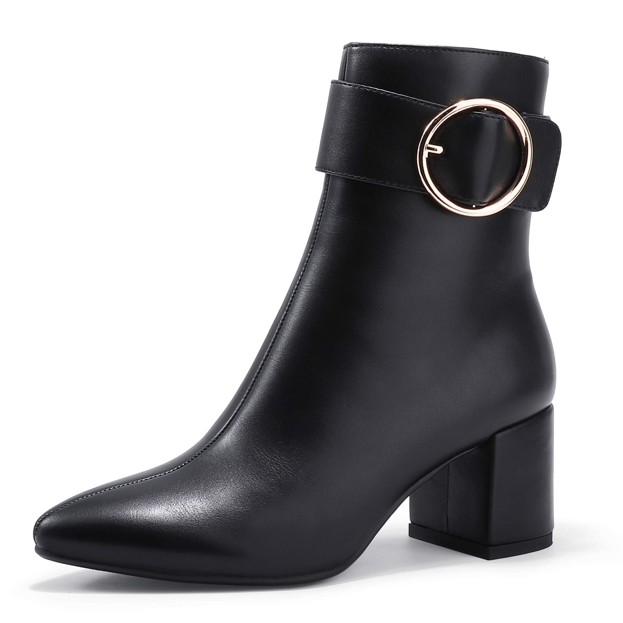 IDIFU Women Dressy Chunky Heel Ankle Boots Pointed Toe Metal Ring ...