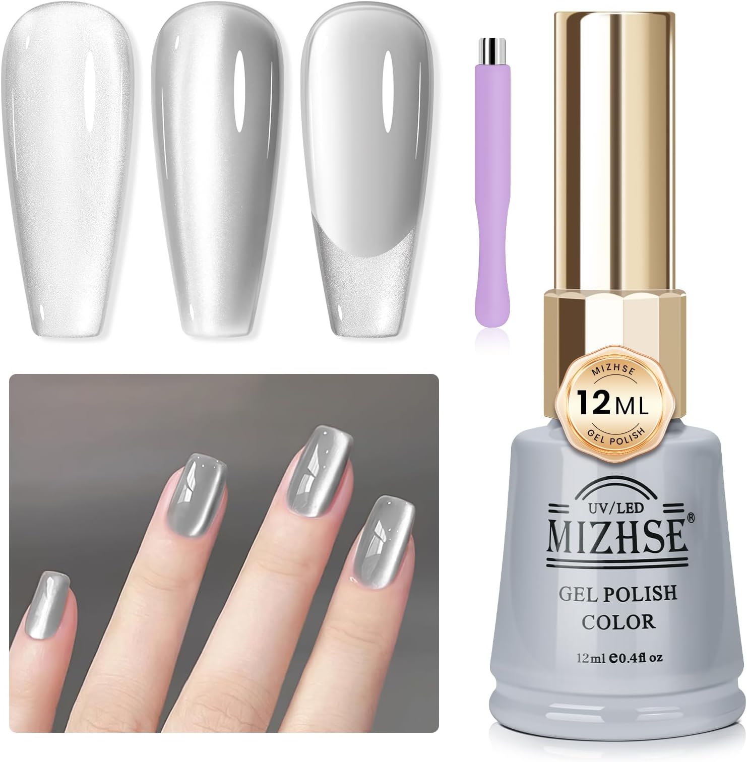 Amazon.com : MIZHSE Cat Eye Gel Nail Polish 12mL Silver Moonlight Cat Eye Nail Polish Glitter ...