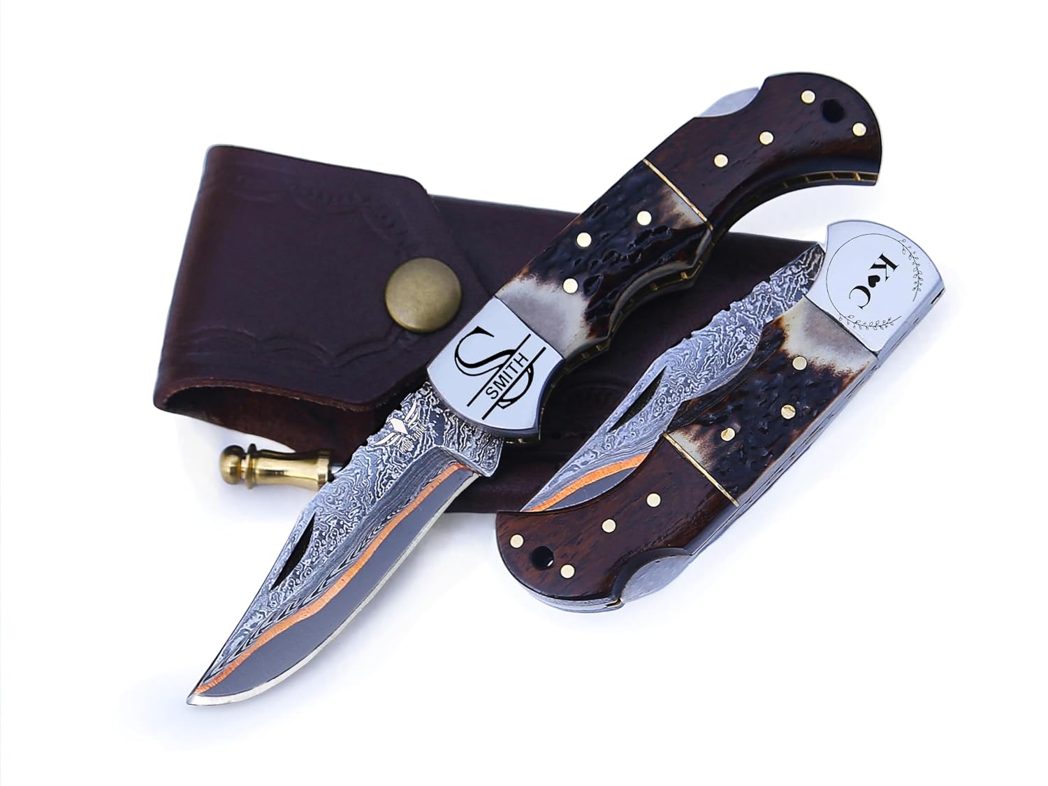 Amazon.com: Copper Damascus Pocket Knife – Stag Horn & Rose Wood Handle ...