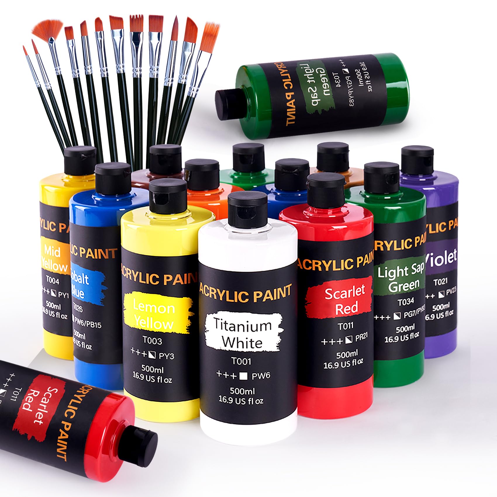 Acrylic Paint Set with 12 Art Brushes, 12 Colors (16.9 oz/Bottle ...