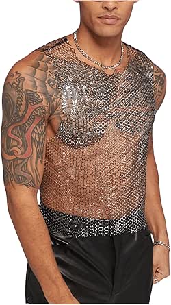 WDIRARA Men's Rhinestone Sheer Tank Tops Sleeveless Round Neck Metallic ...