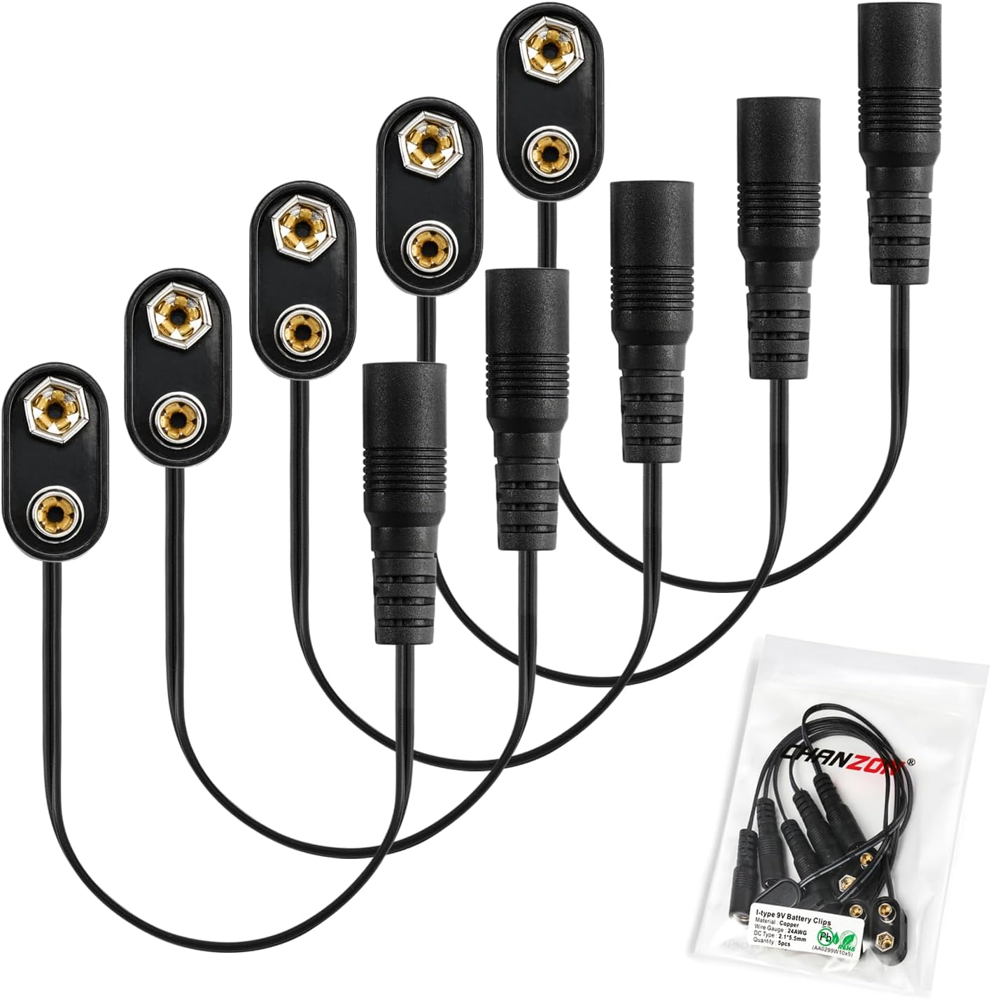 Amazon.com: Chanzon UL Wires 9v Female Connector Battery Clip 2.1mm x 5 ...