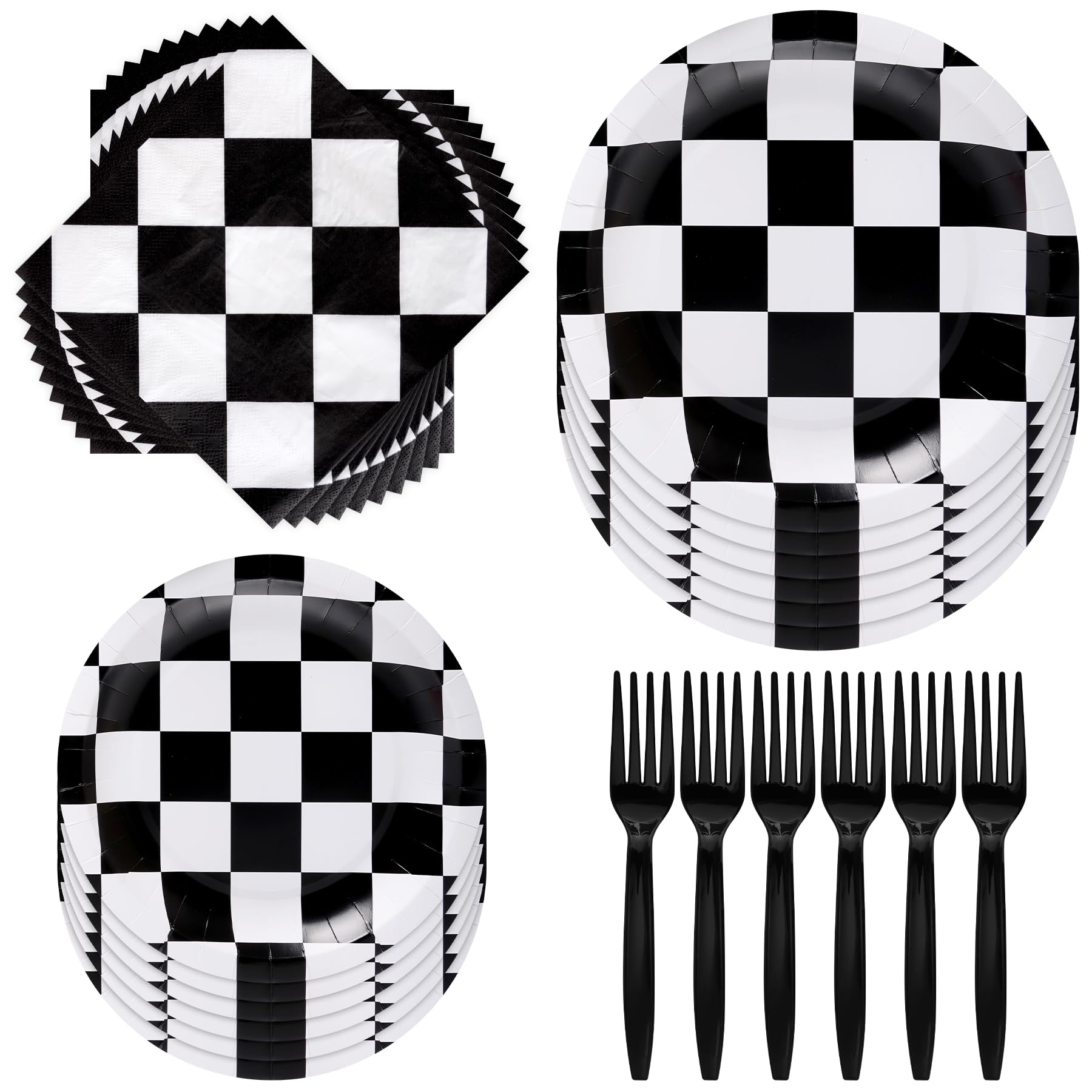 96Pcs Black and White Checkered Race Car Themed Tableware Set Including ...