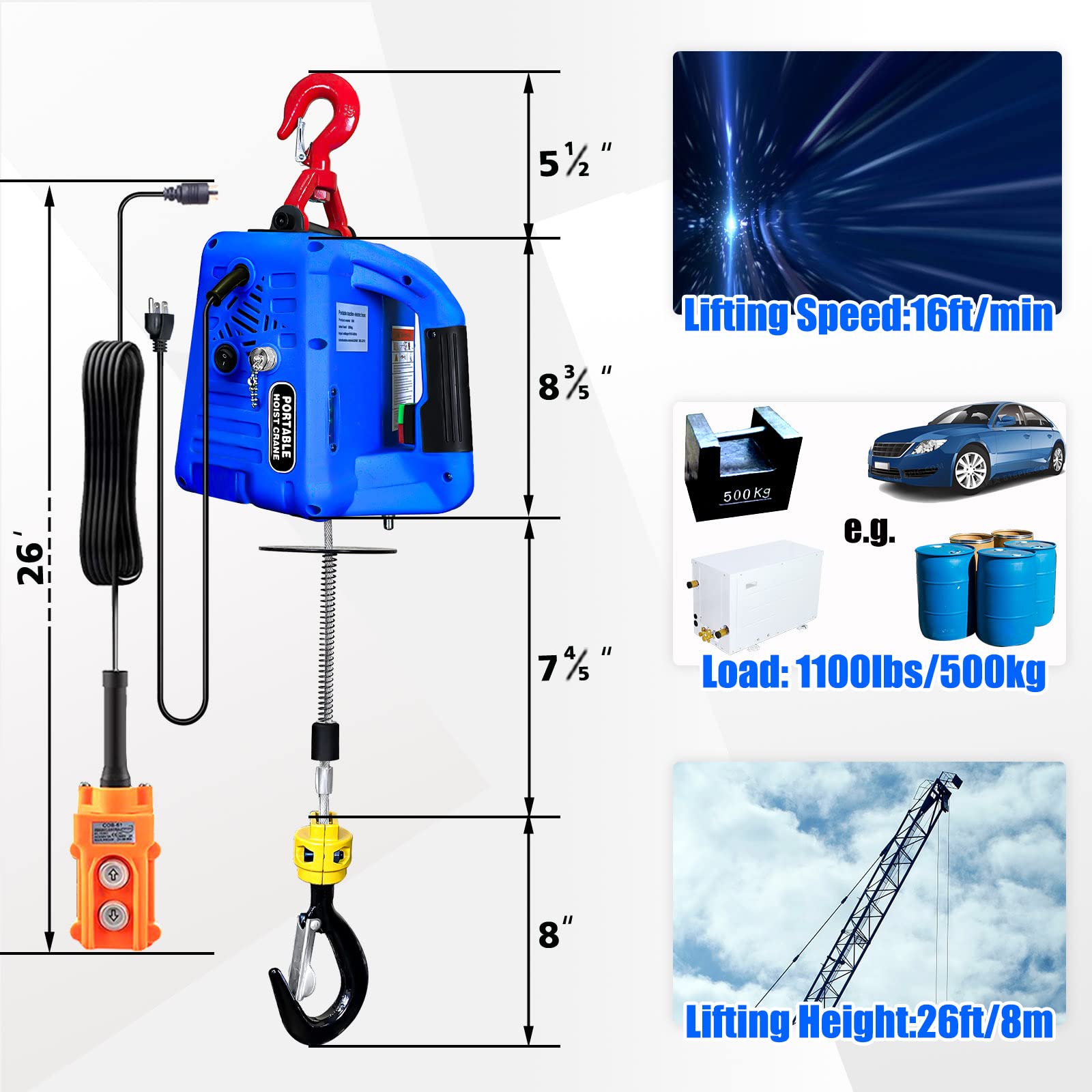 Snapklik.com : FITHOIST 110V Electric Hoist Winch 1100lbs 1500W ...