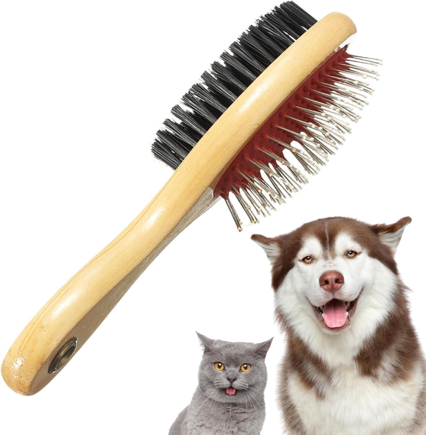 Wooden Dog Brush for Grooming Double Sided Pet Hair Grooming Brushes Shedding Messaging ...