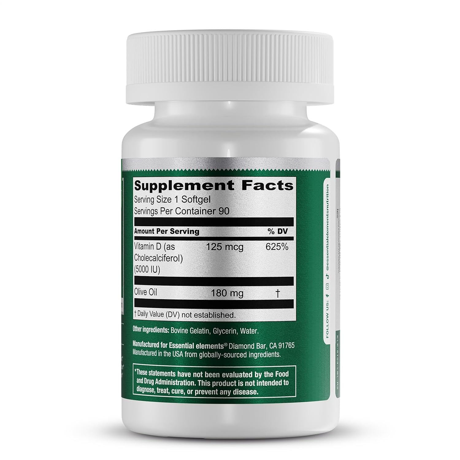 Essential Elements D3 Vitaminas 5000 IU Softgels com Azeite para ...