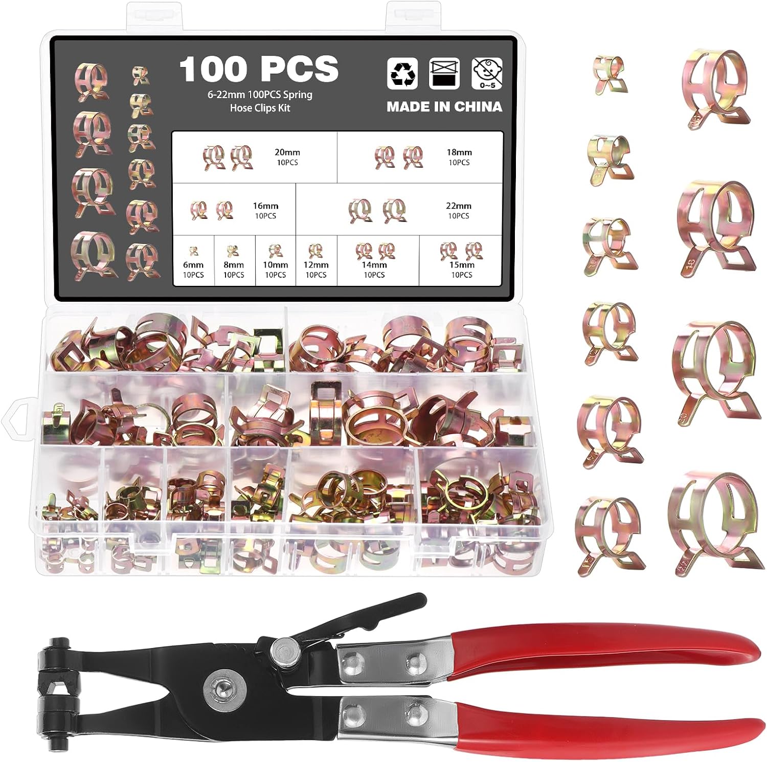 WiMas 100PCS 10 Sizes Fuel Line Spring Hose Clamps Water Pipe Air Tube ...