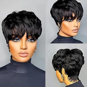 Fereowth Short Human Hair Wigs Pixie Cut Wigs with Bangs Straight Short ...